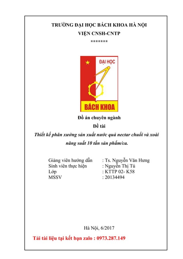 Thiết kế phân xưởng sản xuất nước quả nectar chuối và xoài năng suất 10 tấn sản phẩm trên ca.docx