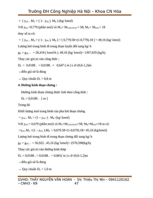 Thiết kế tháp chưng luyện liên tục loại tháp đĩa chóp để phân tách hỗn hợp axeton và nước ...