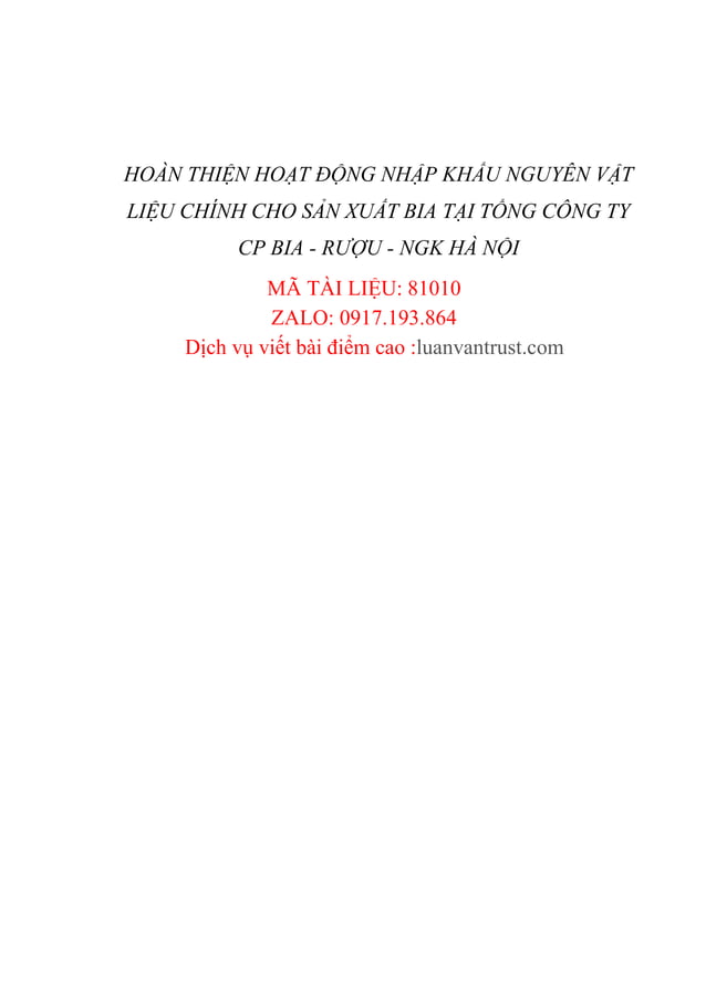 Hoàn thiện hoạt động nhập khẩu Nguyên vật liệu chính cho sản xuất bia tại Tổng công ty CP Bia ...