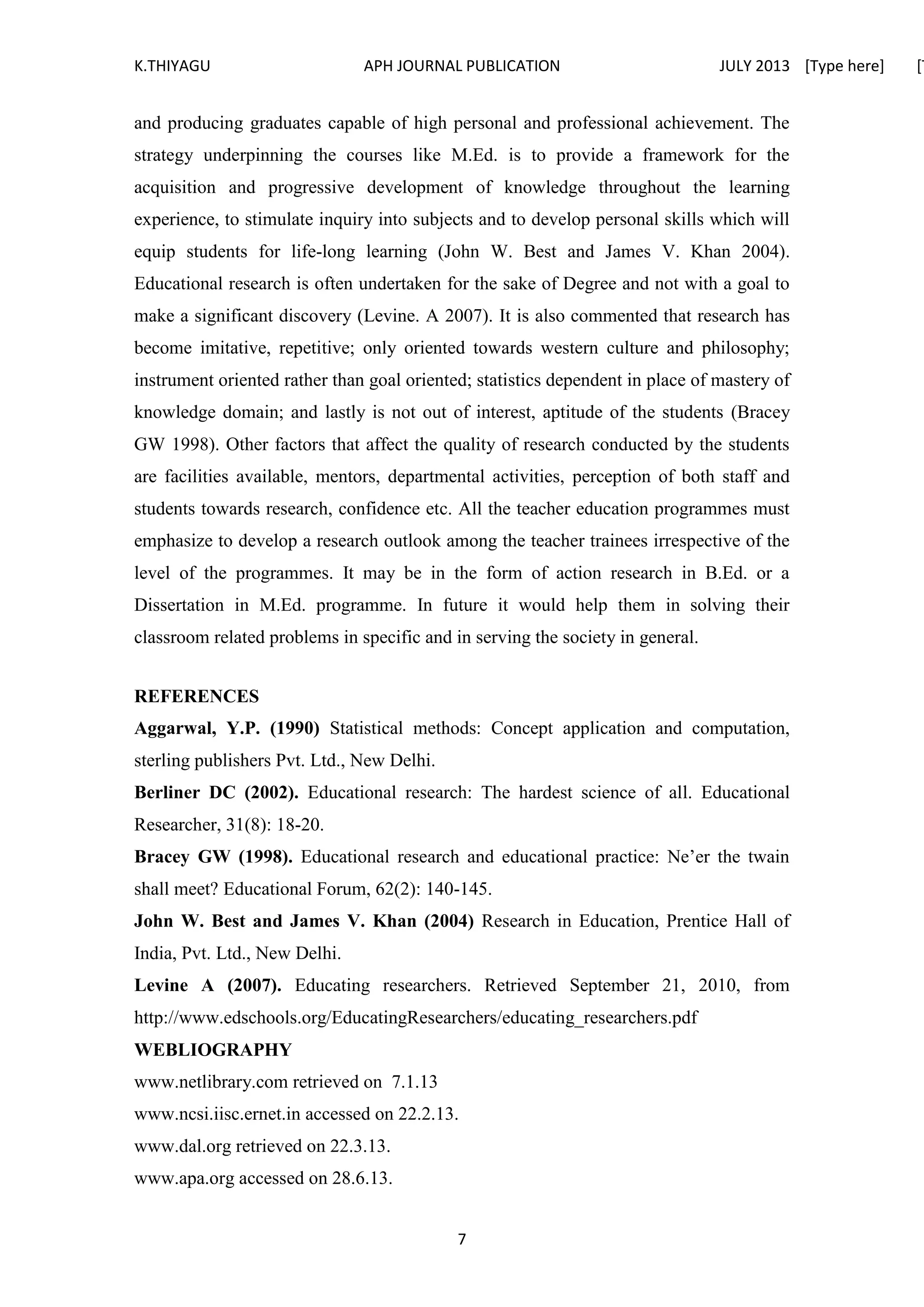 THIYAGU - PERCEPTION TOWARDS RESEARCH AMONG M.ED, SCHOLARS IN TUTICORIN ...