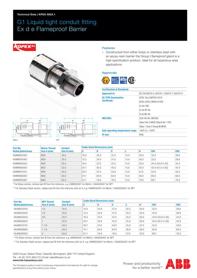 Hazardous Area Flameproof Group I Cable Gland - G1 Liquid Tight Conduit ...