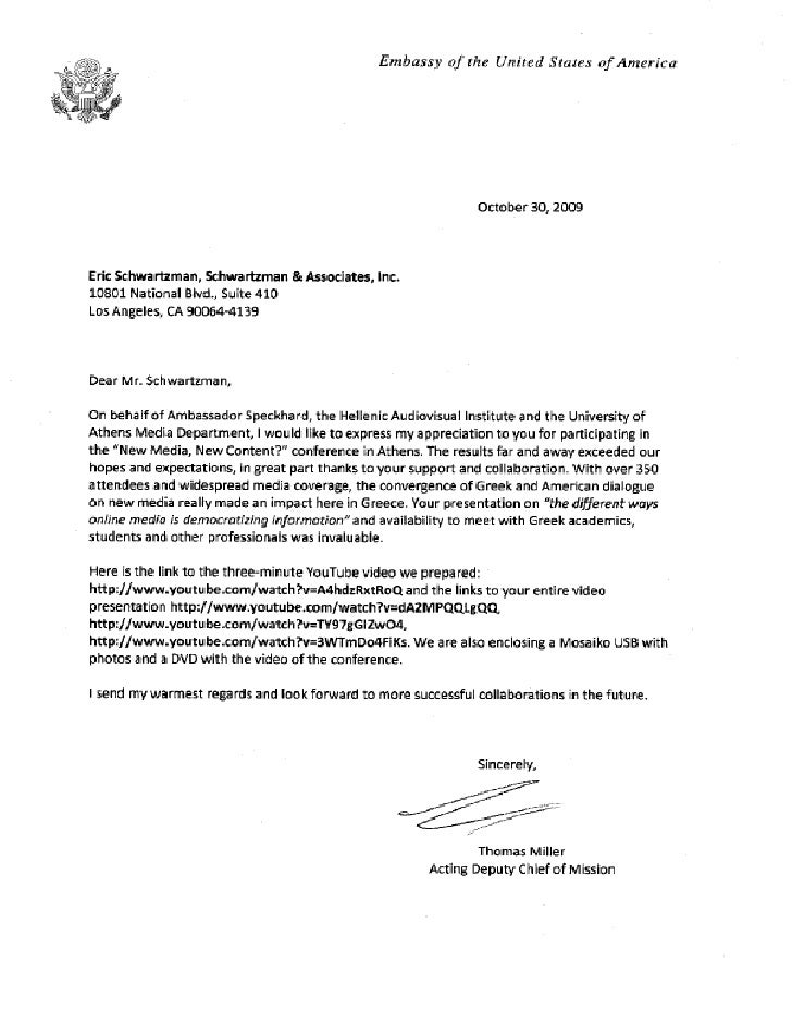 Letter from Thomas Miller, Deputy Chief of Mission