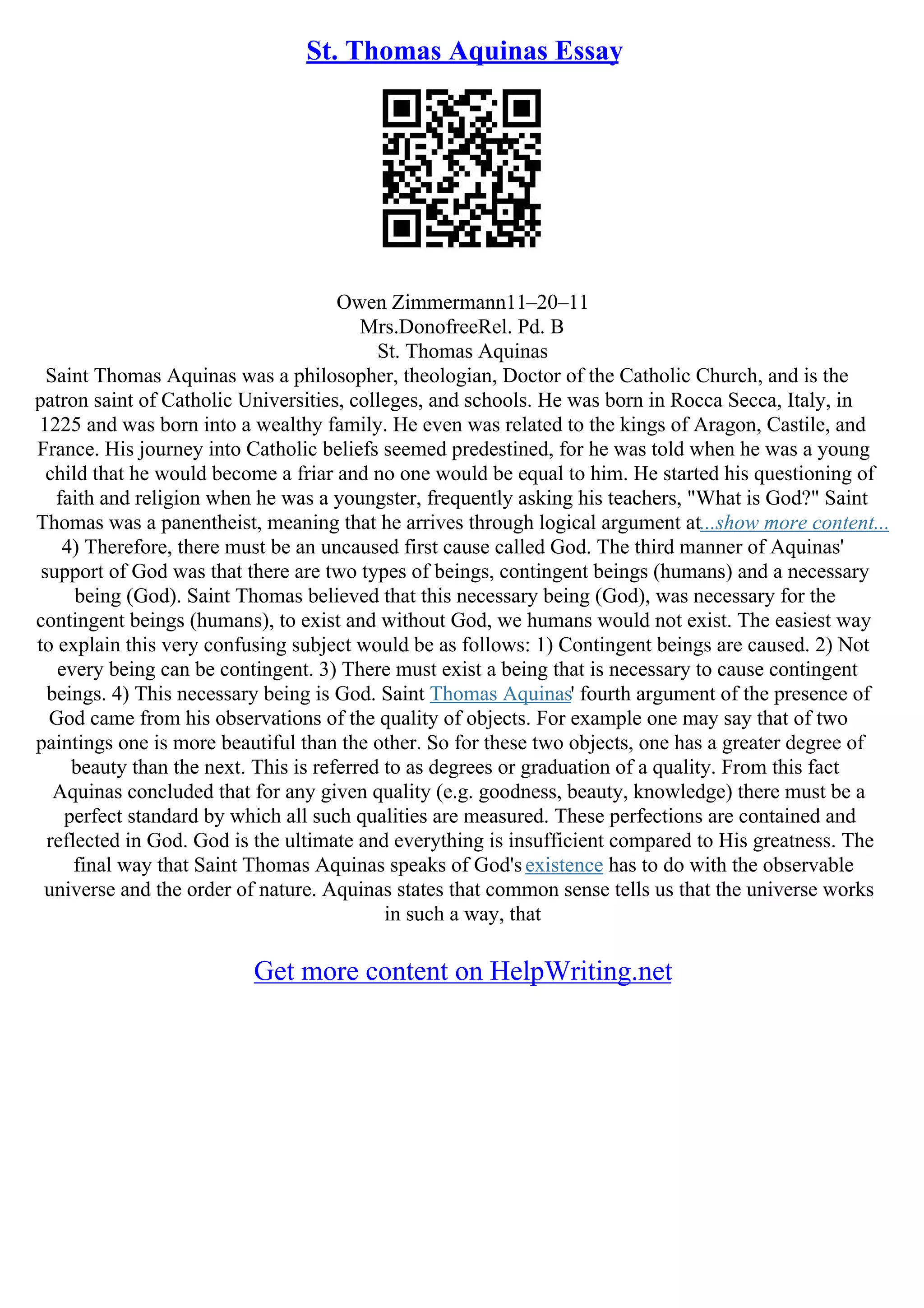 Thomas Aquinas Essay | PDF