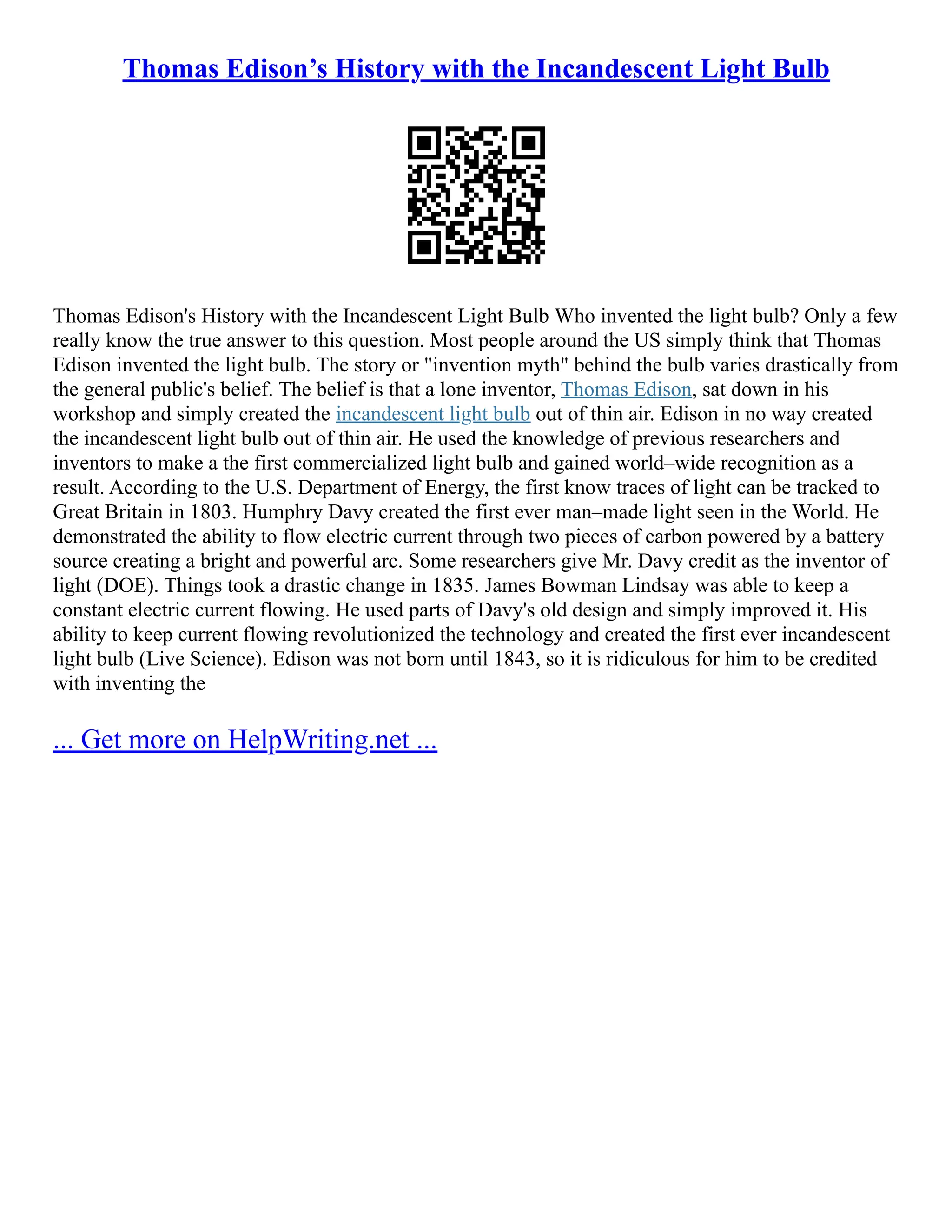 Thomas Edison’S History With The Incandescent Light Bulb | PDF