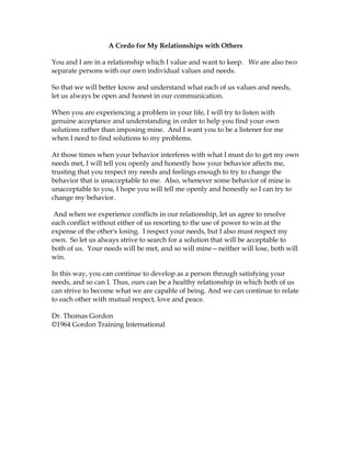 Thomas Gordon Values Statement | DOC