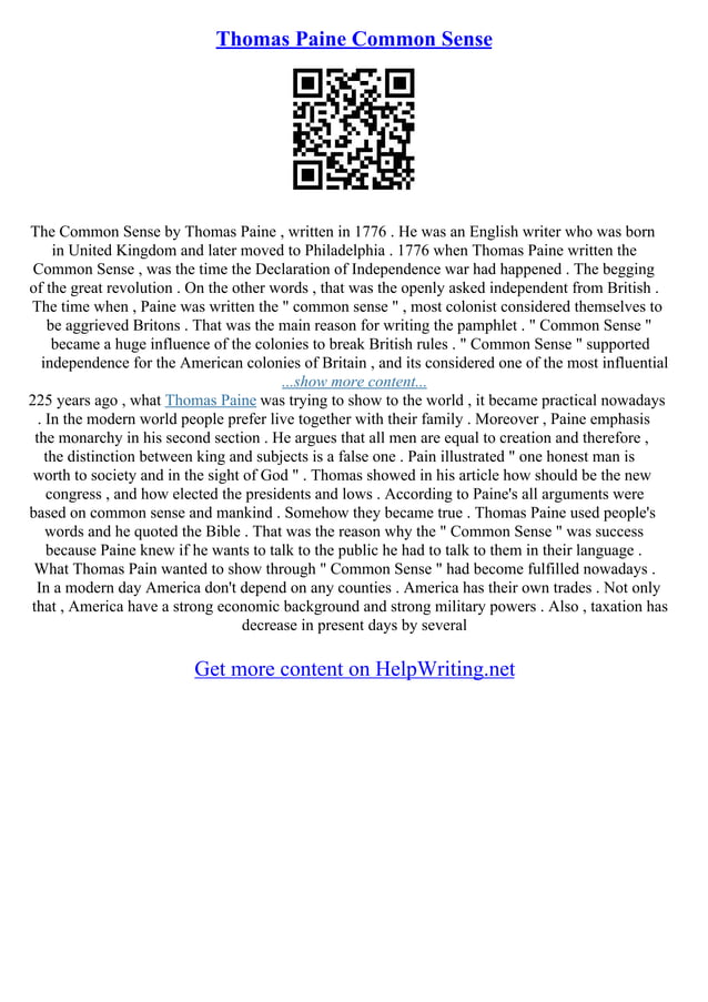 Thomas Paine Common Sense Essay | PDF