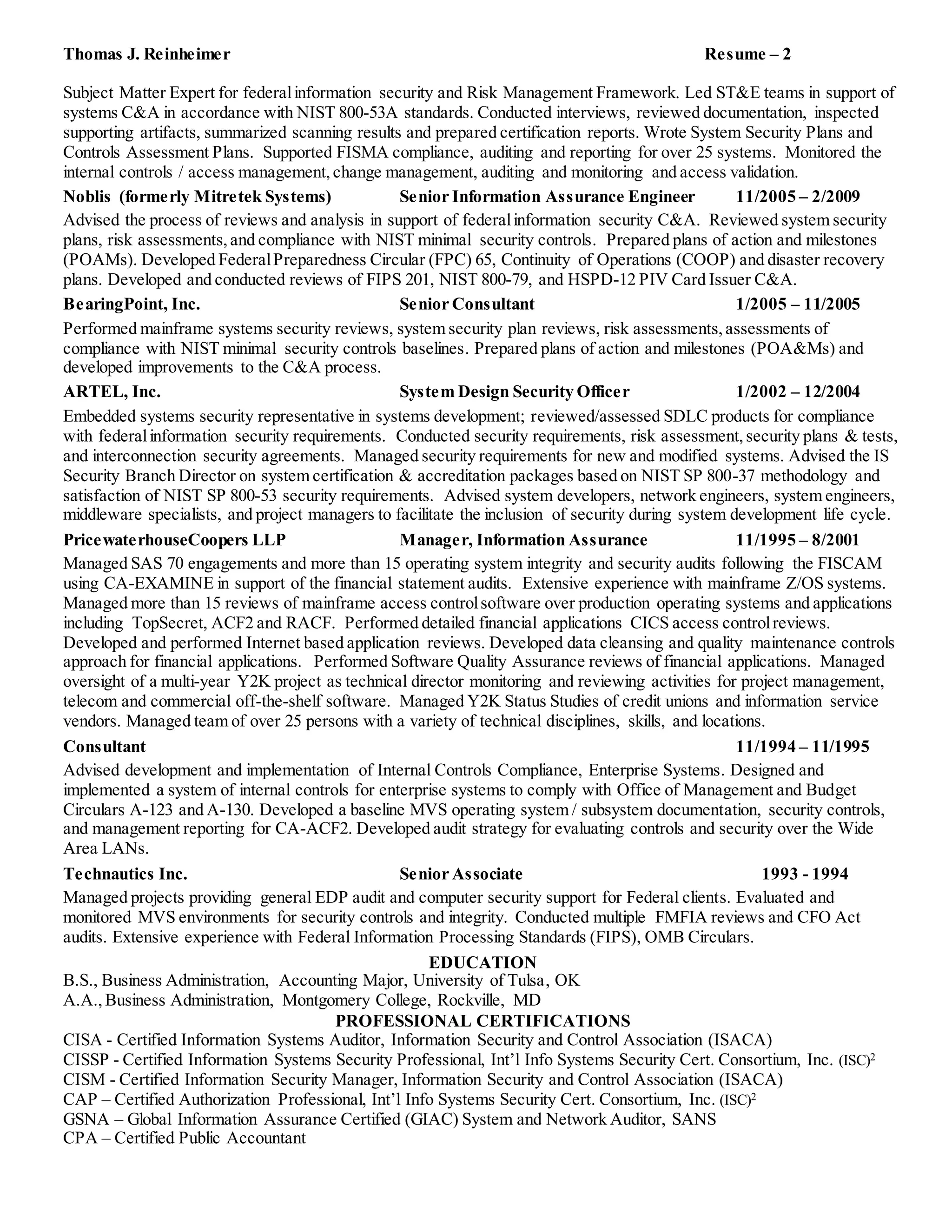 Thomas reinheimer resume 04152016 | DOCX | Computing | Technology & Computing