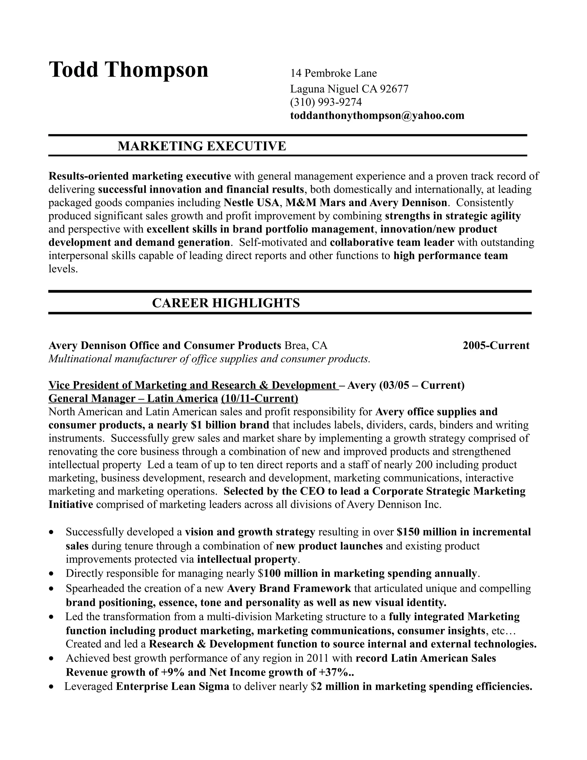 Thompson, Todd Senior Executive Resume 2012 | RTF