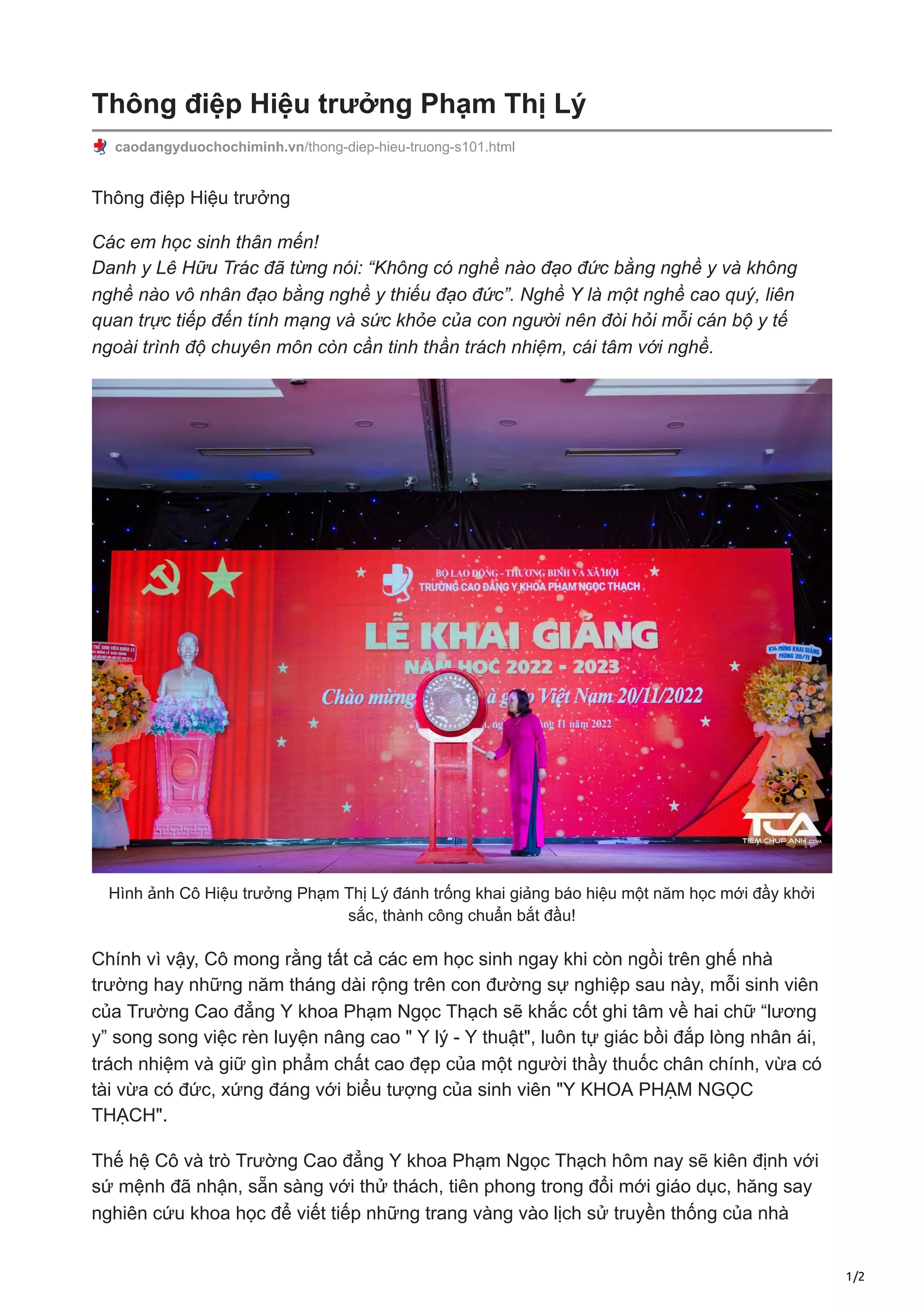 Thông điệp Hiệu trưởng Phạm Thị Lý trường Cao Đẳng Y Khoa Phạm Ngọc Thạch | PDF