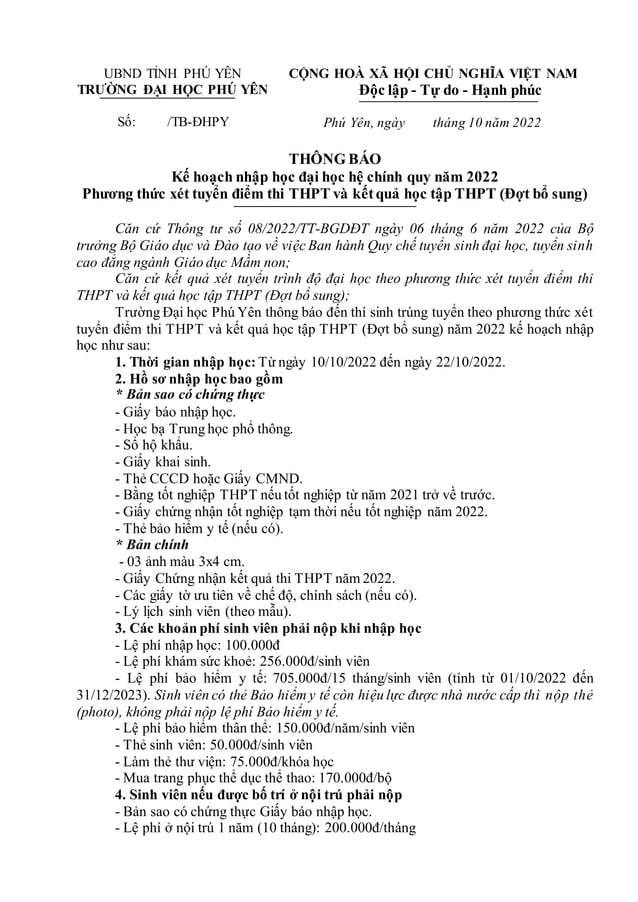 Thong bao 787 (07.10.2022) Ke hoach nhap hoc Dot bo sung 2022 - Xet tuyen hoc ba va diem thi ...