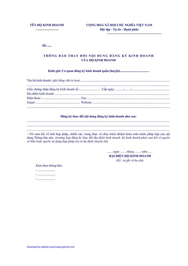 Thong bao thay doi dkkd cua ho kinh doanh ca the | PDF