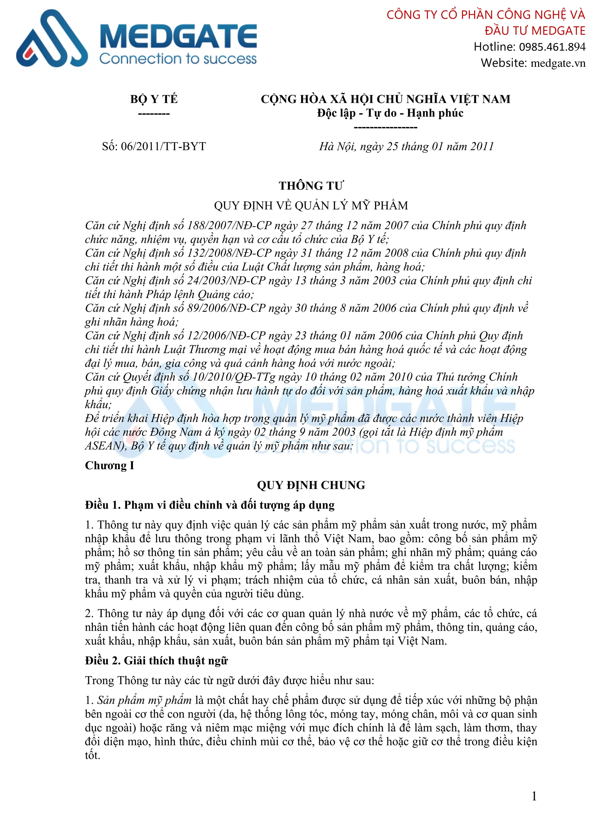 Thông tư 06/2011/TT-BYT: QUY ĐỊNH VỀ QUẢN LÝ MỸ PHẨM | PDF