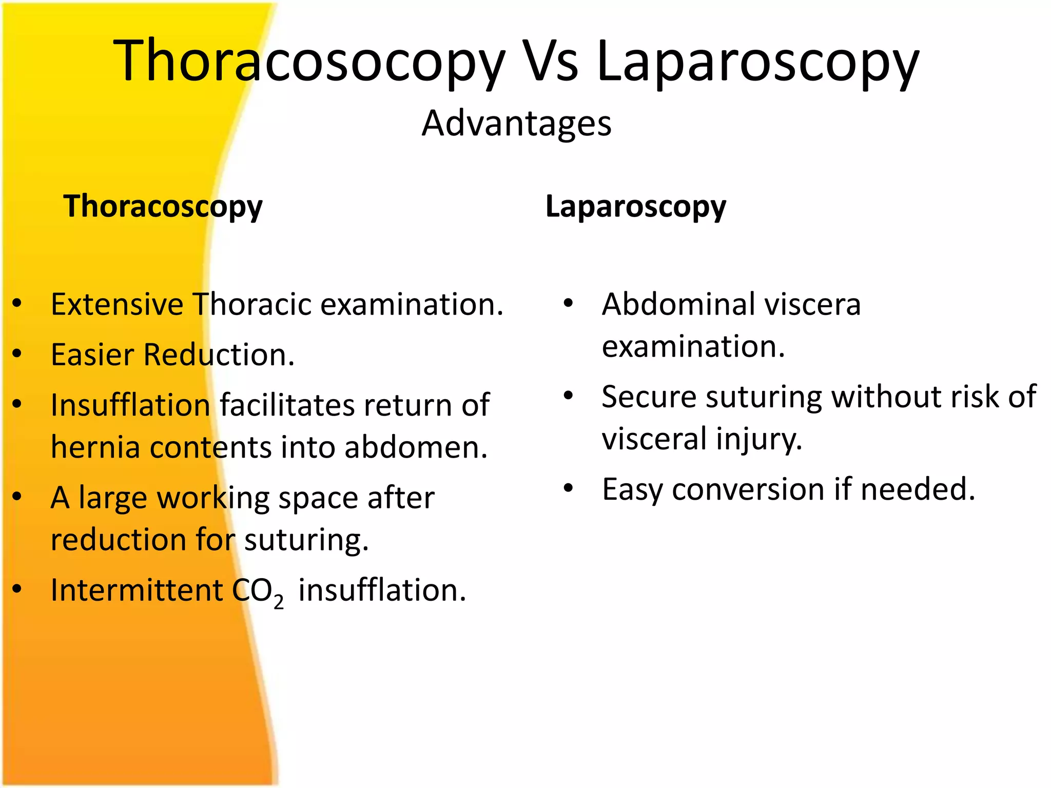 Thoracoscopy vs laparoscopy technical feasibility and complications in ...