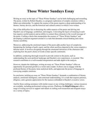 Those Winter Sundays Essay. Bethel University | PDF