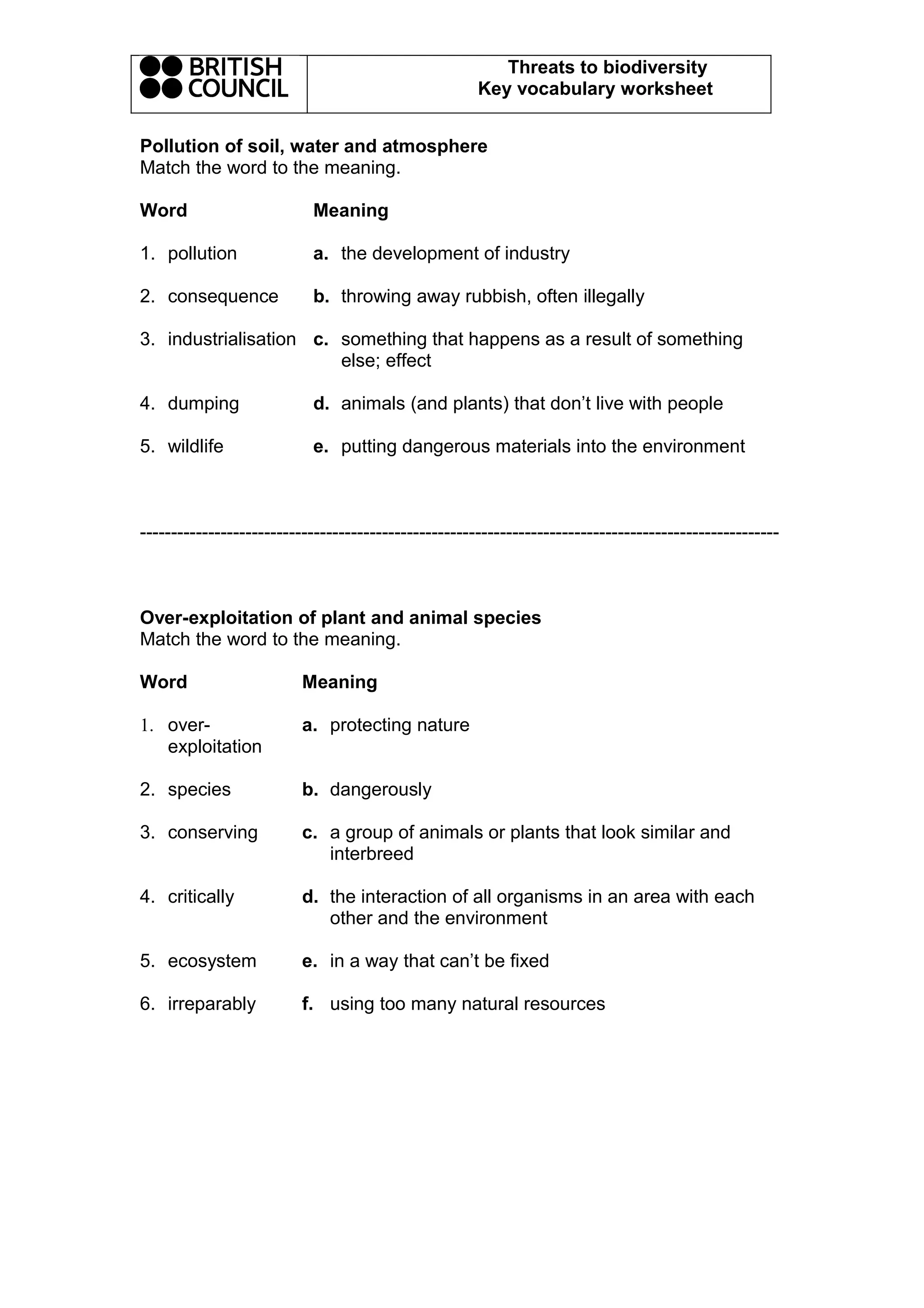 Threats to biodiversity Key vocabulary worksheet | PDF