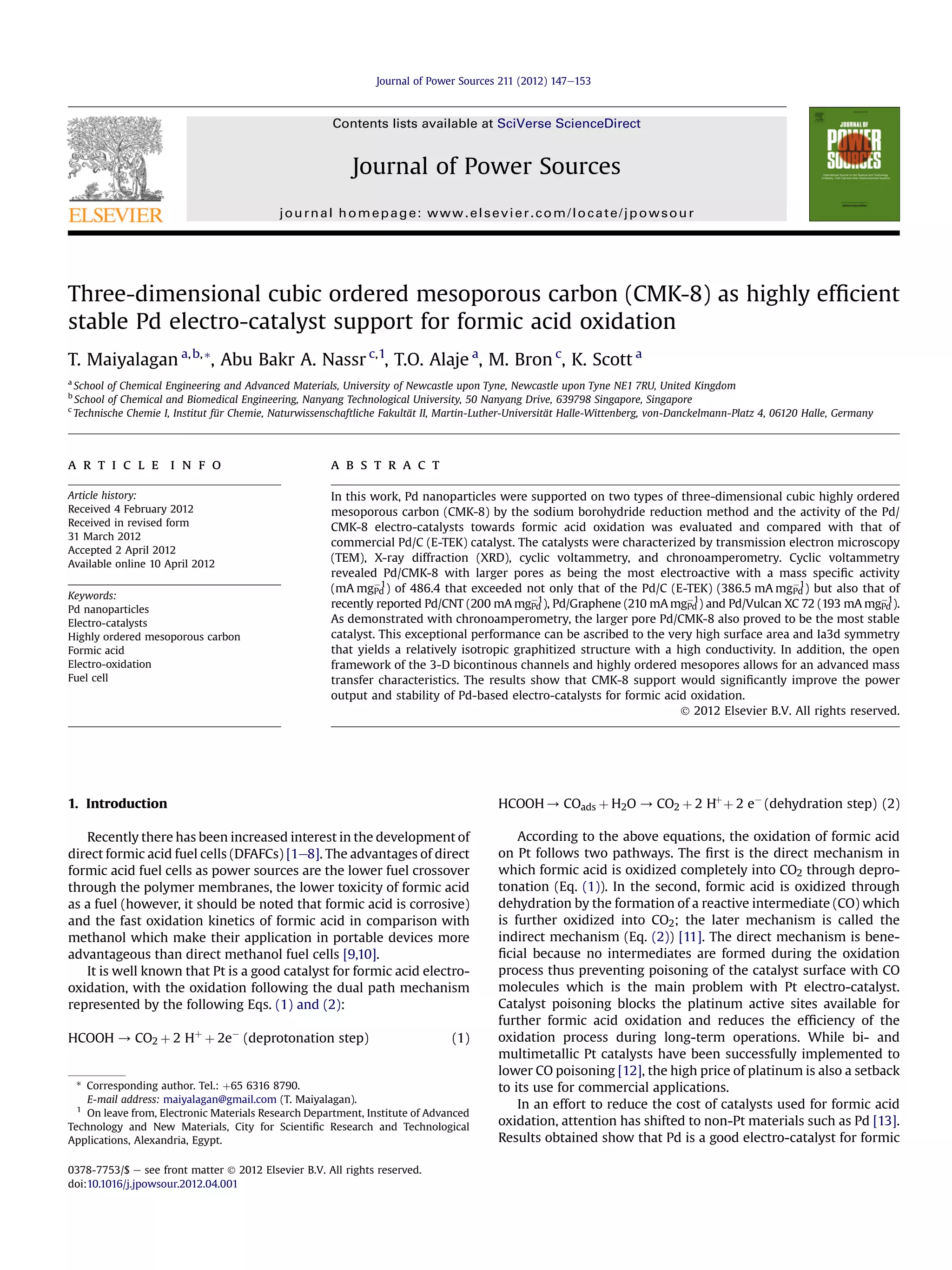 Three dimensional cubic ordered mesoporous carbon (cmk-8) as highly efficient stable pd electro ...