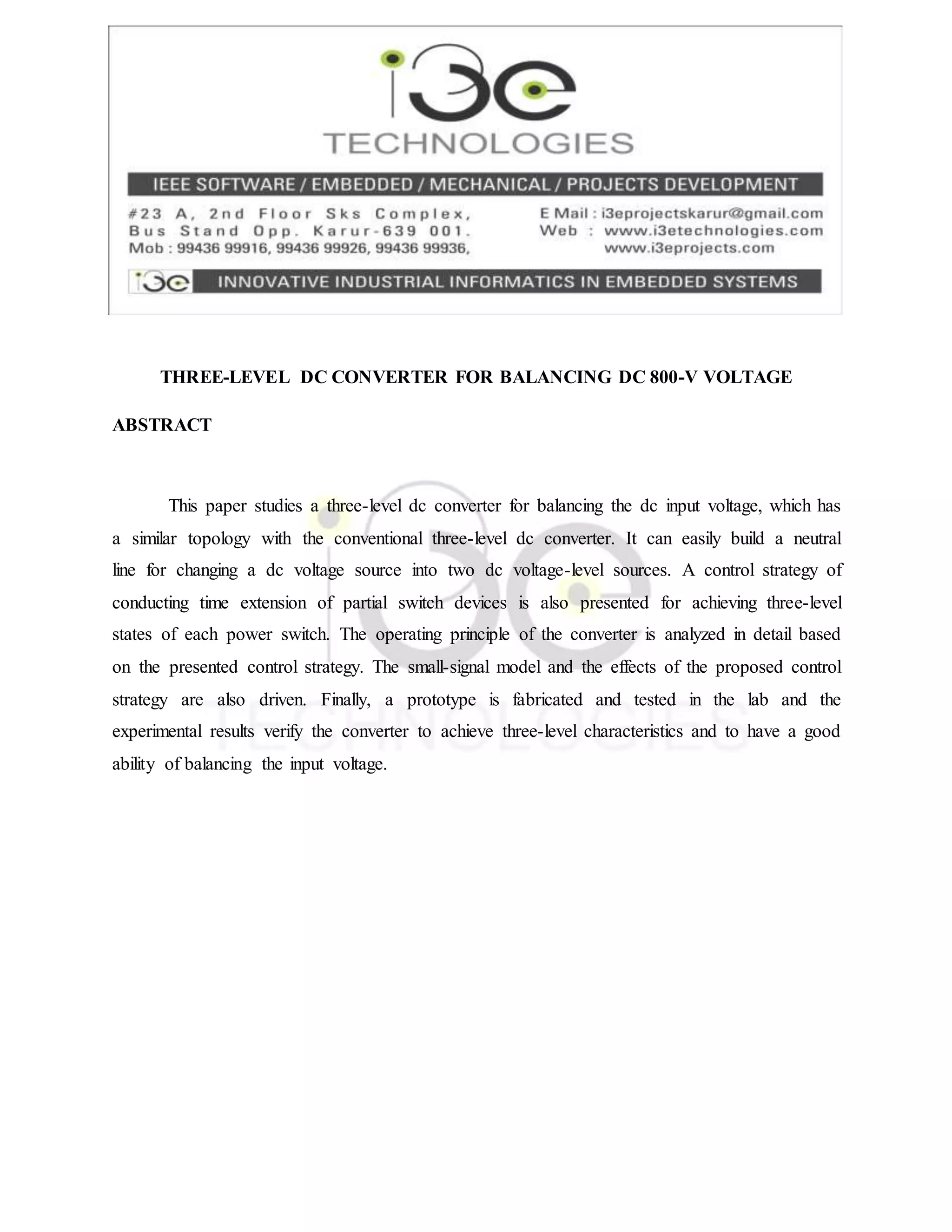 Three level dc converter for balancing dc 800-v voltage | DOCX