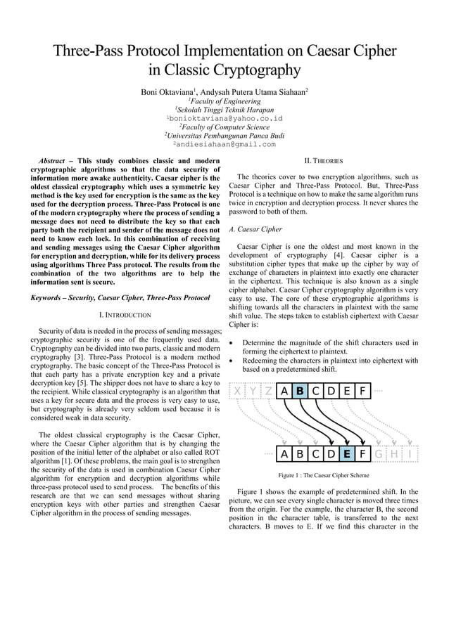 Three-Pass Protocol Implementation on Caesar Cipher in Classic Cryptography | PDF