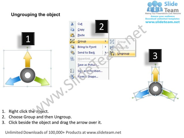 Three arrows diverging 3 different direction circular flow process ...