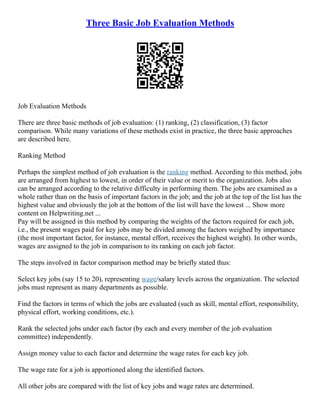 Three Basic Job Evaluation Methods | PDF