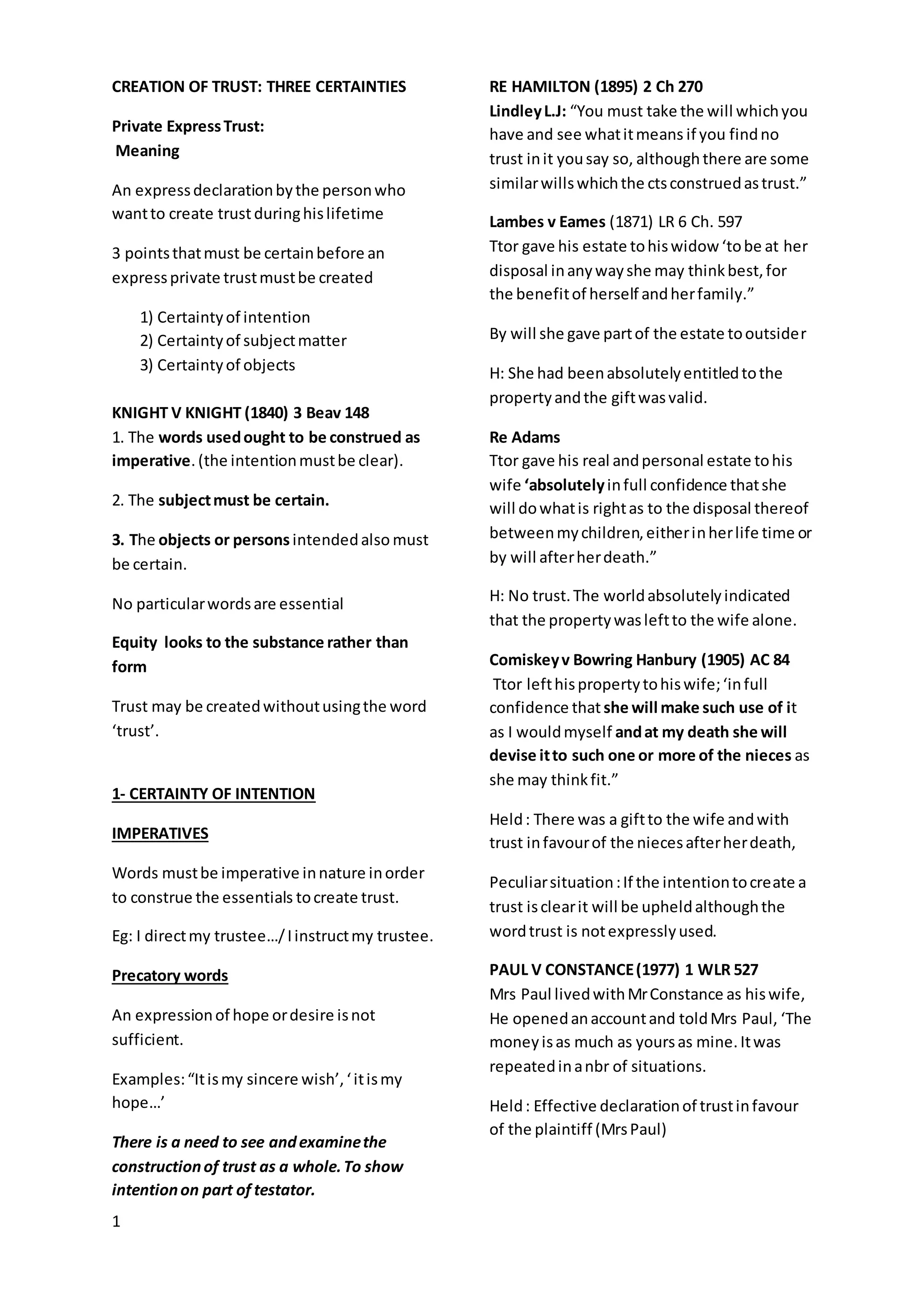 Law of Trust,Three certainties (Exam short notes) | DOCX