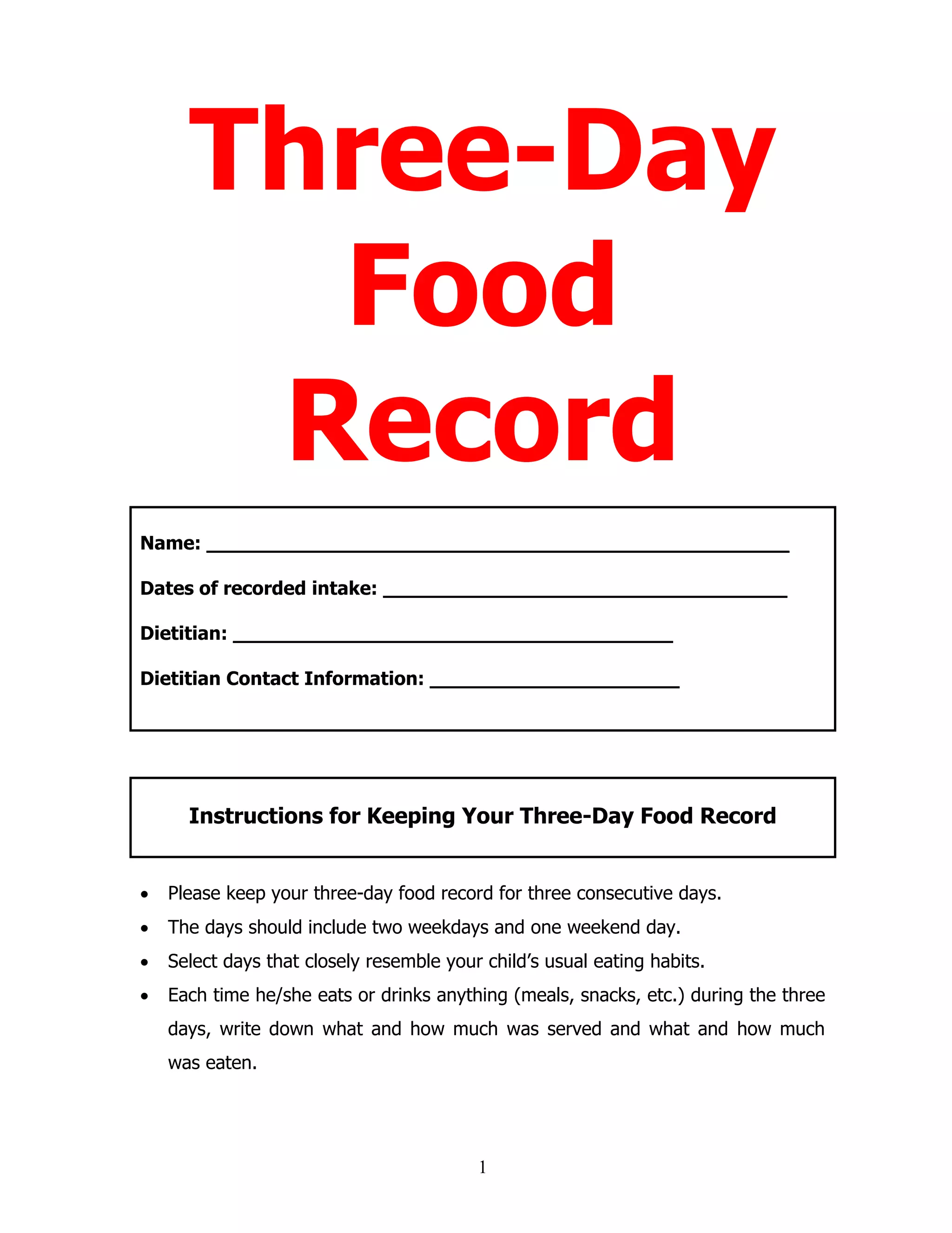 Three-Day Food Record | PDF