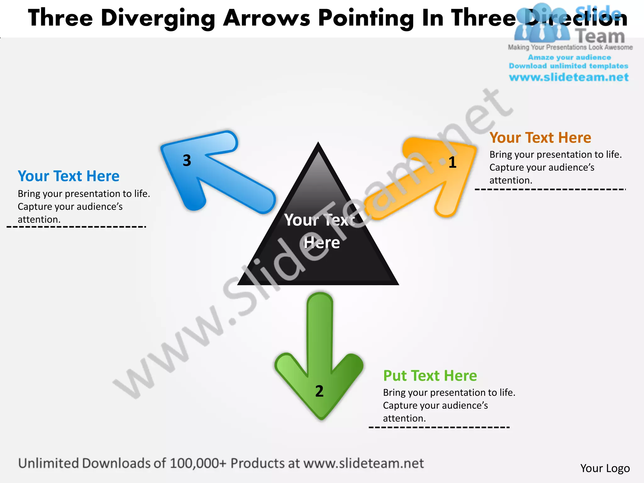 Three diverging arrows pointing direction circular flow process power ...