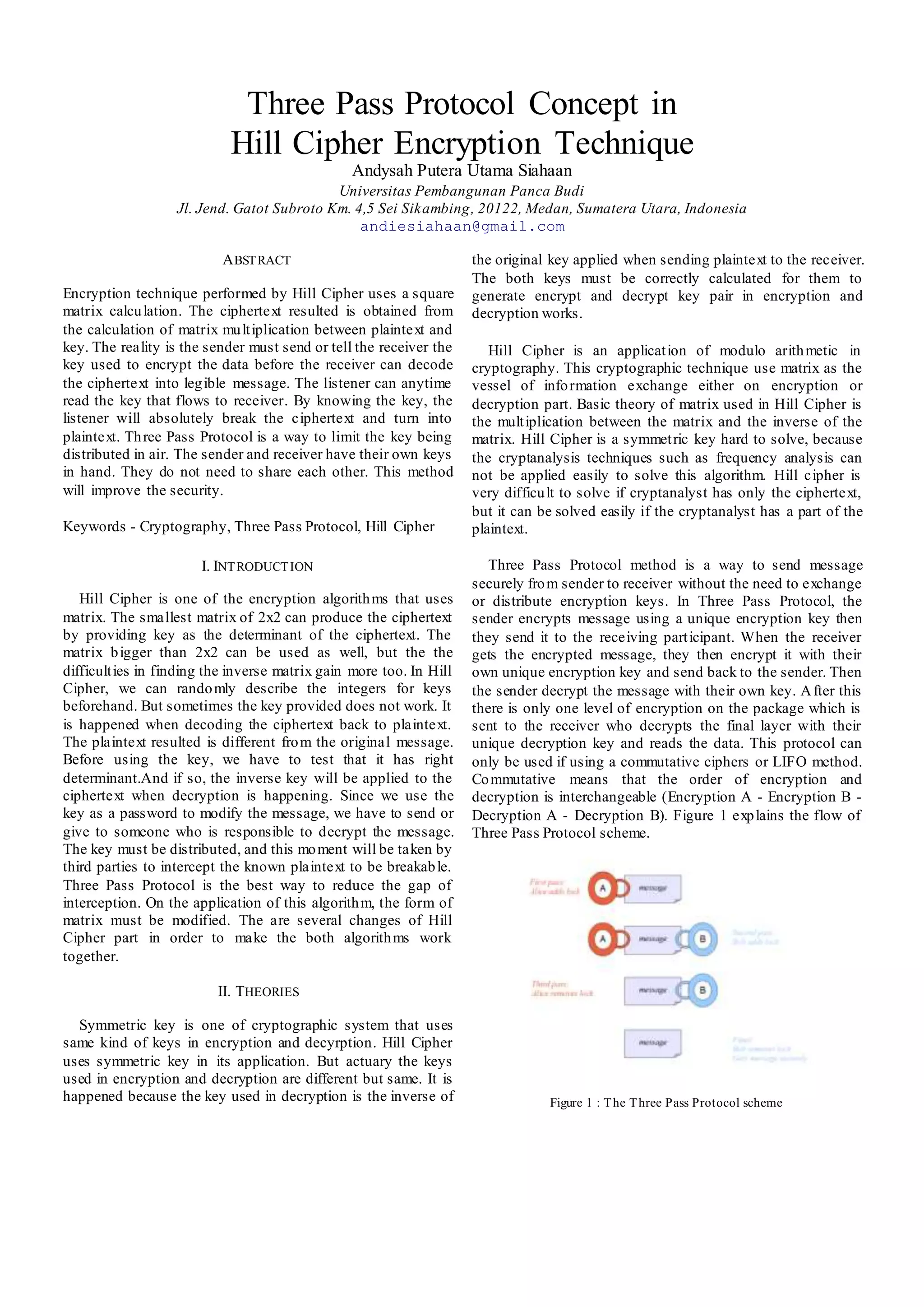 Three Pass Protocol Concept in Hill Cipher Encryption Technique | PDF