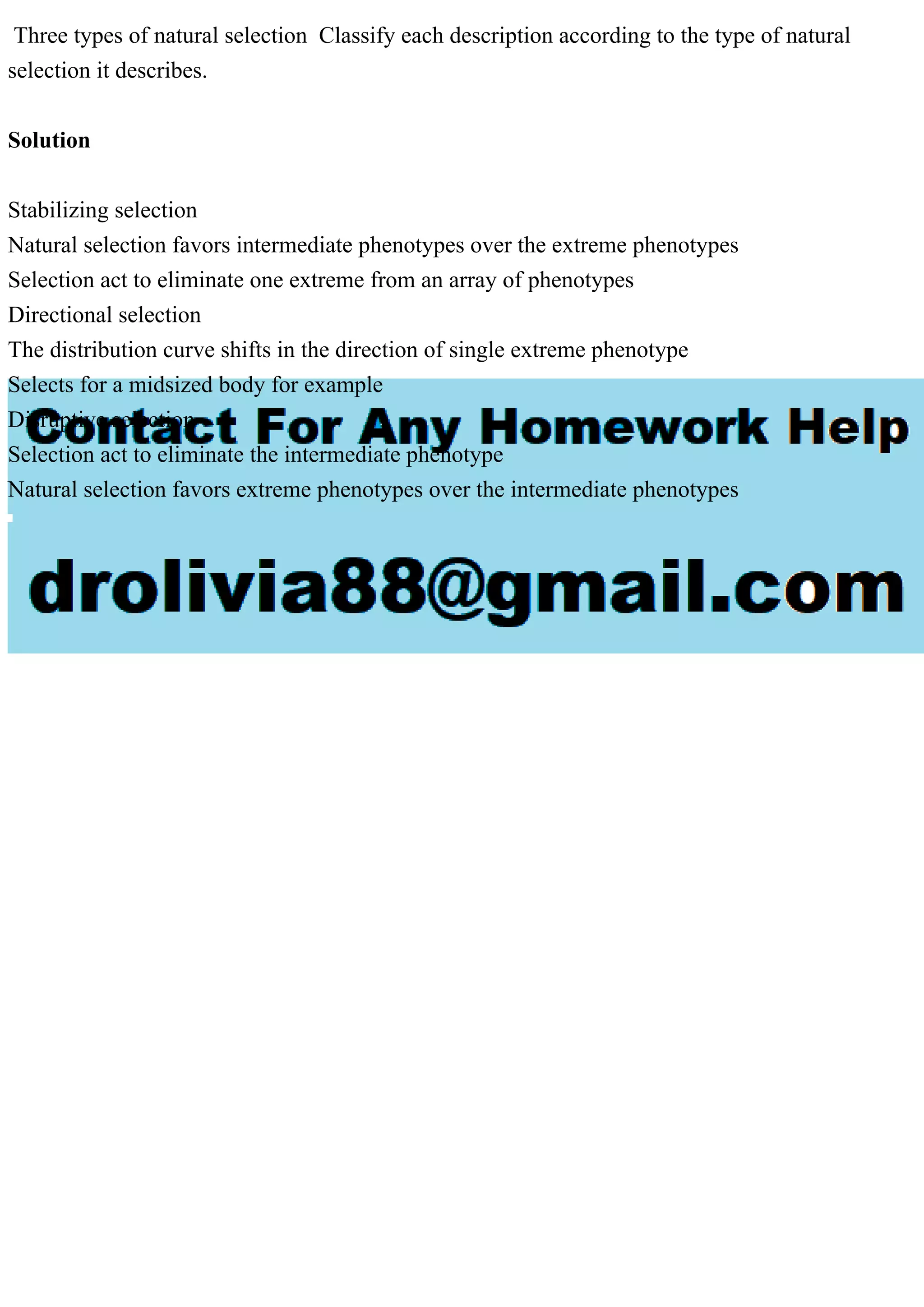 Three types of natural selection Classify each description according.pdf