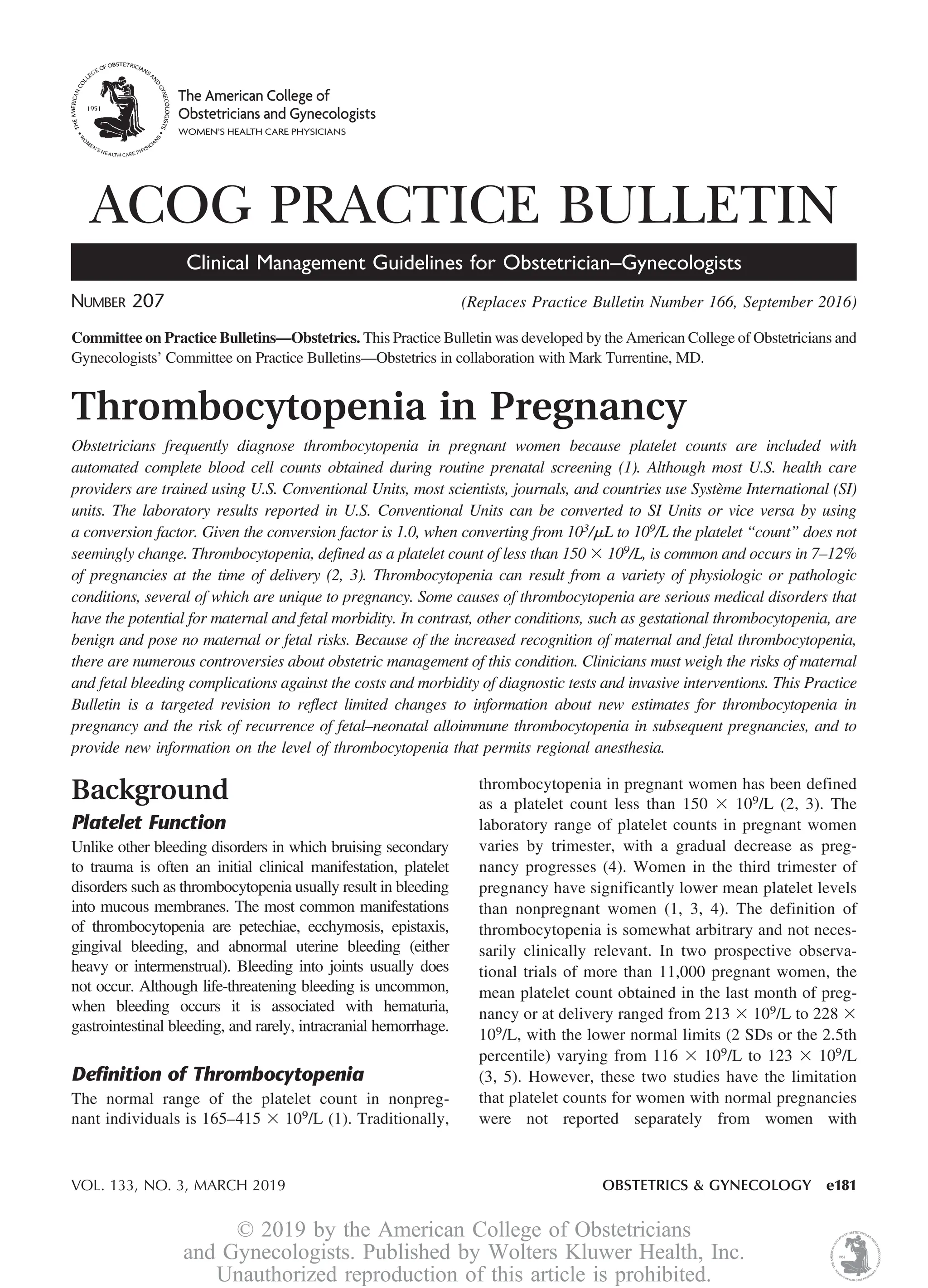 Thrombocytopenia in Pregnancy. The American College of Obstetricians ...