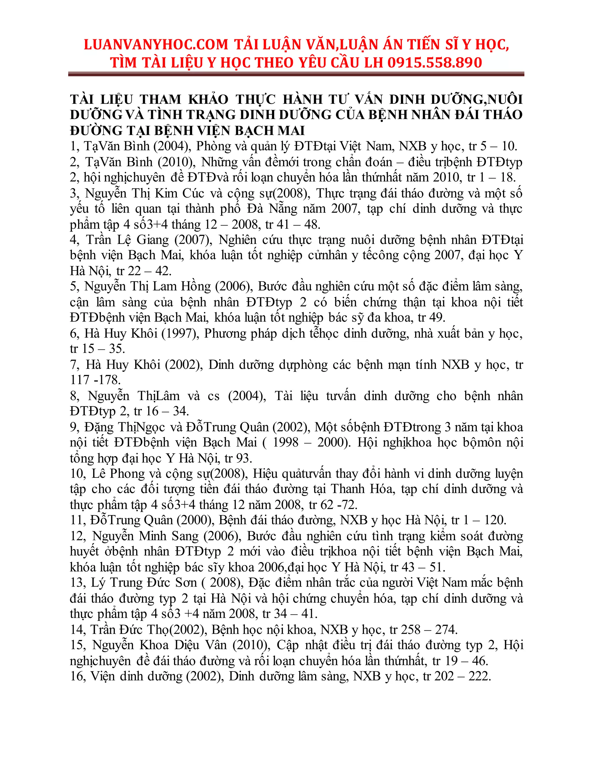 Thuc hanh tu van dinh duong,nuoi duong va tinh trang dinh duong cua benh nhan dai thao duong | DOCX