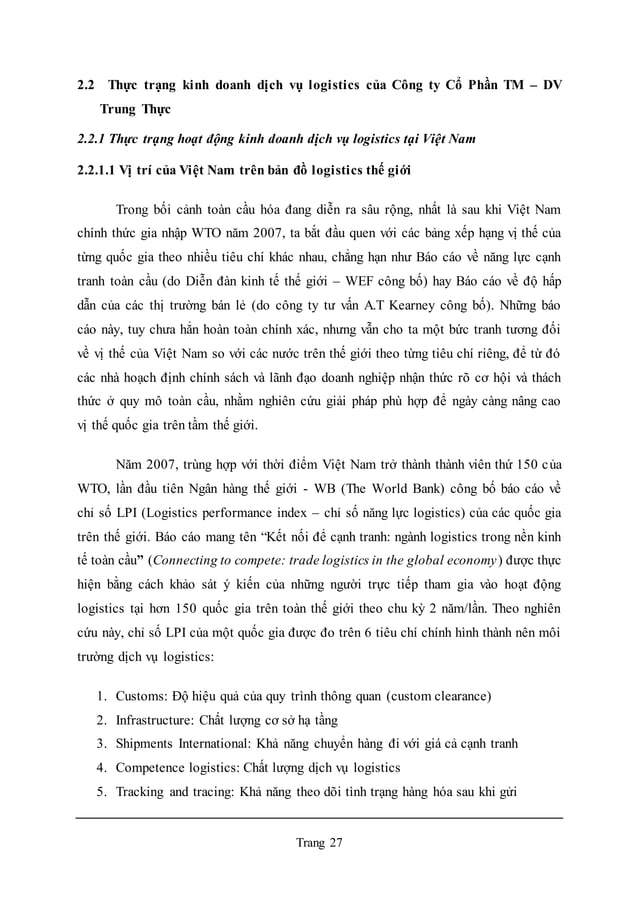 Thực trạng hoạt động kinh doanh dịch vụ logistics tại công ty cổ phần thương mại dịch vụ Trung ...