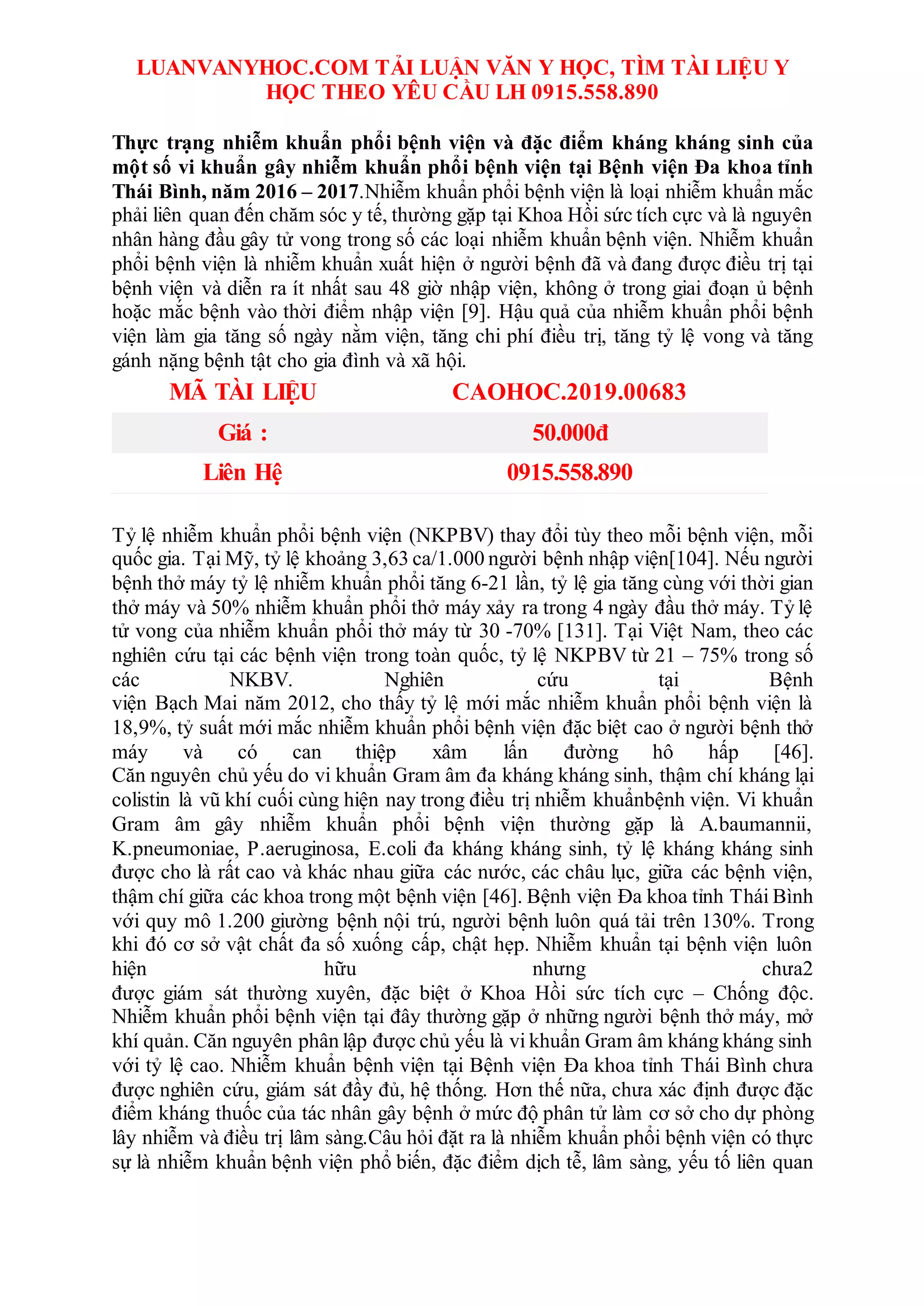 Thuc trang nhiem khuan phoi benh vien va dac diem khang khang sinh cua mot so vi khuan gay nhiem ...