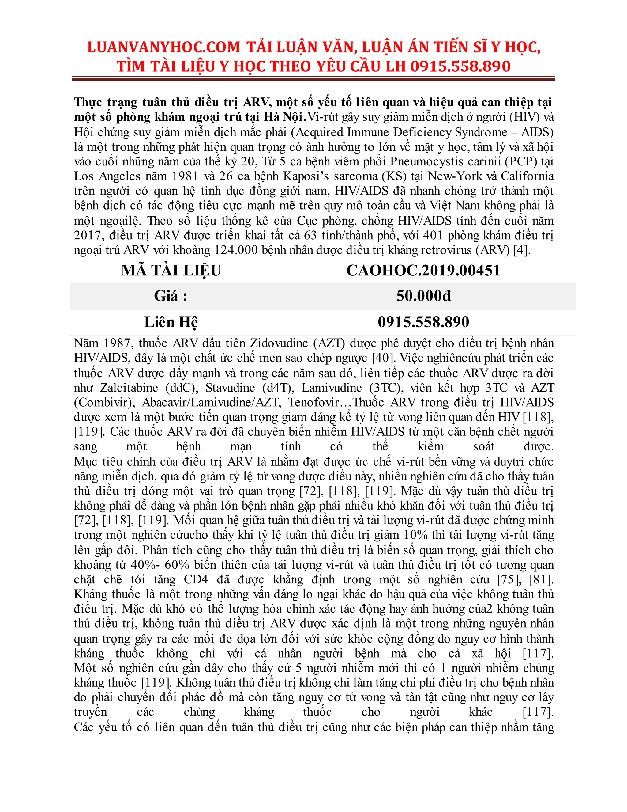 Thuc trang tuan thu dieu tri arv, mot so yeu to lien quan va hieu qua can thiep | PDF