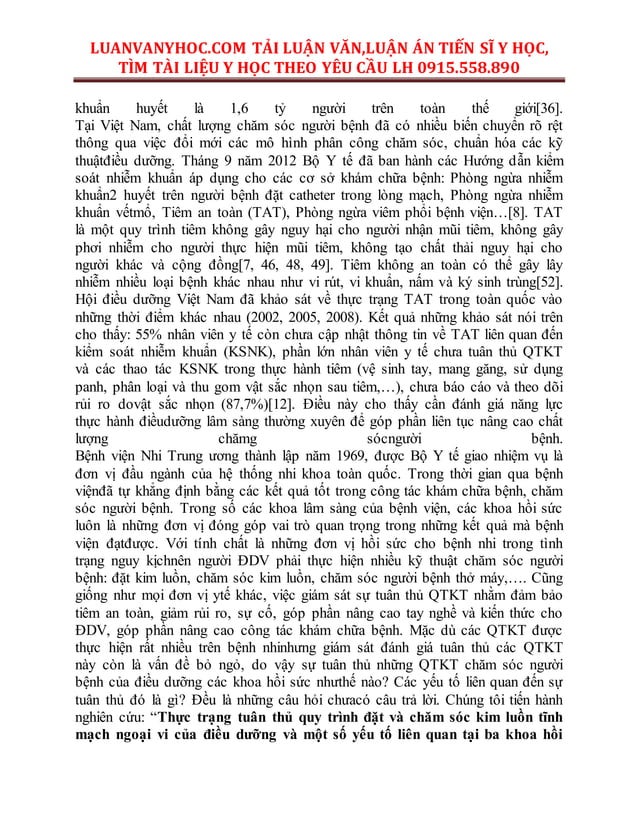 Thuc trang tuan thu quy trinh dat va cham soc kim luon tinh mach ngoai vi cua dieu duong | DOCX