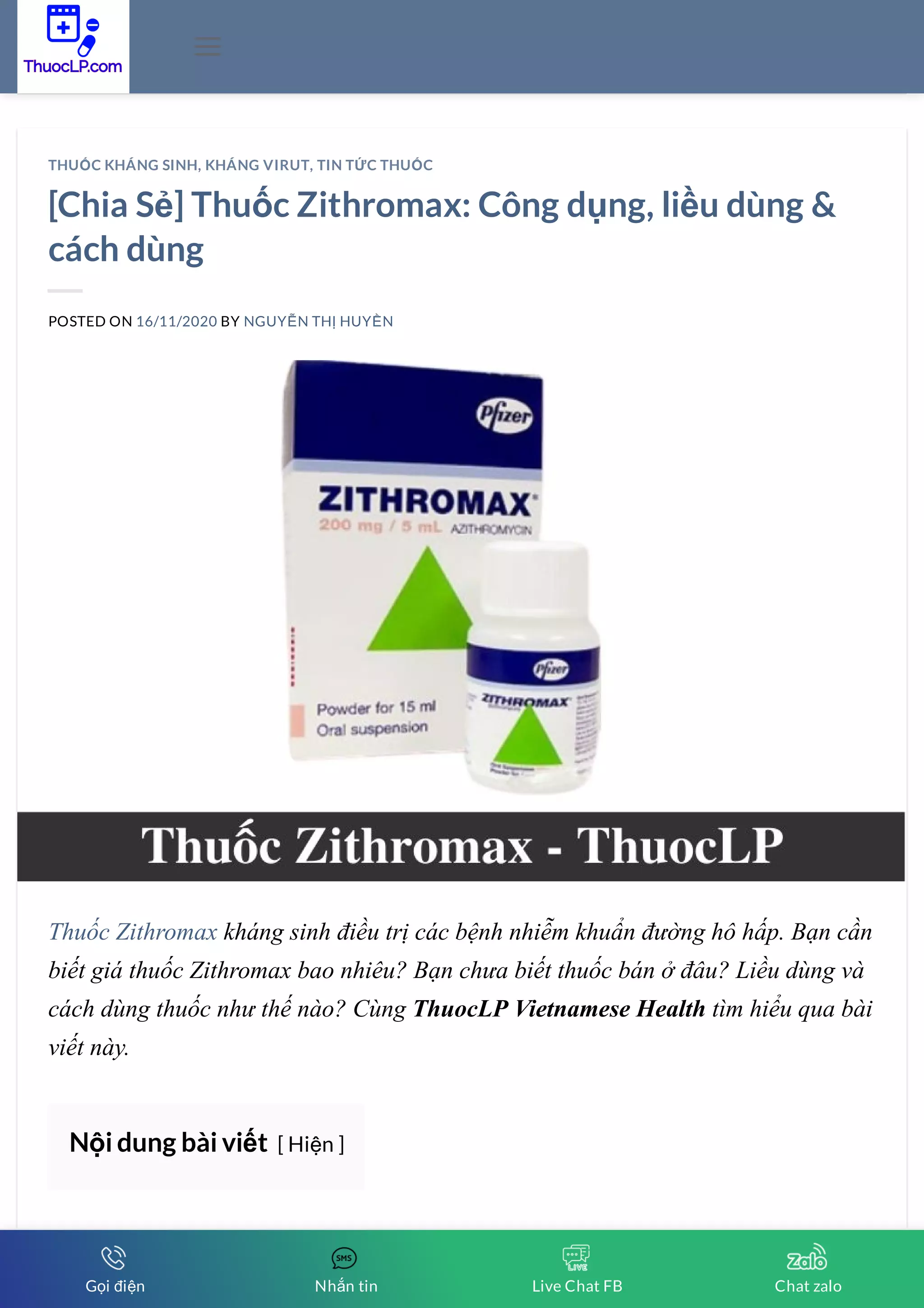 thuoc khang sinh zithromax 500mg cong dung va cach dung | ThuocLp ...