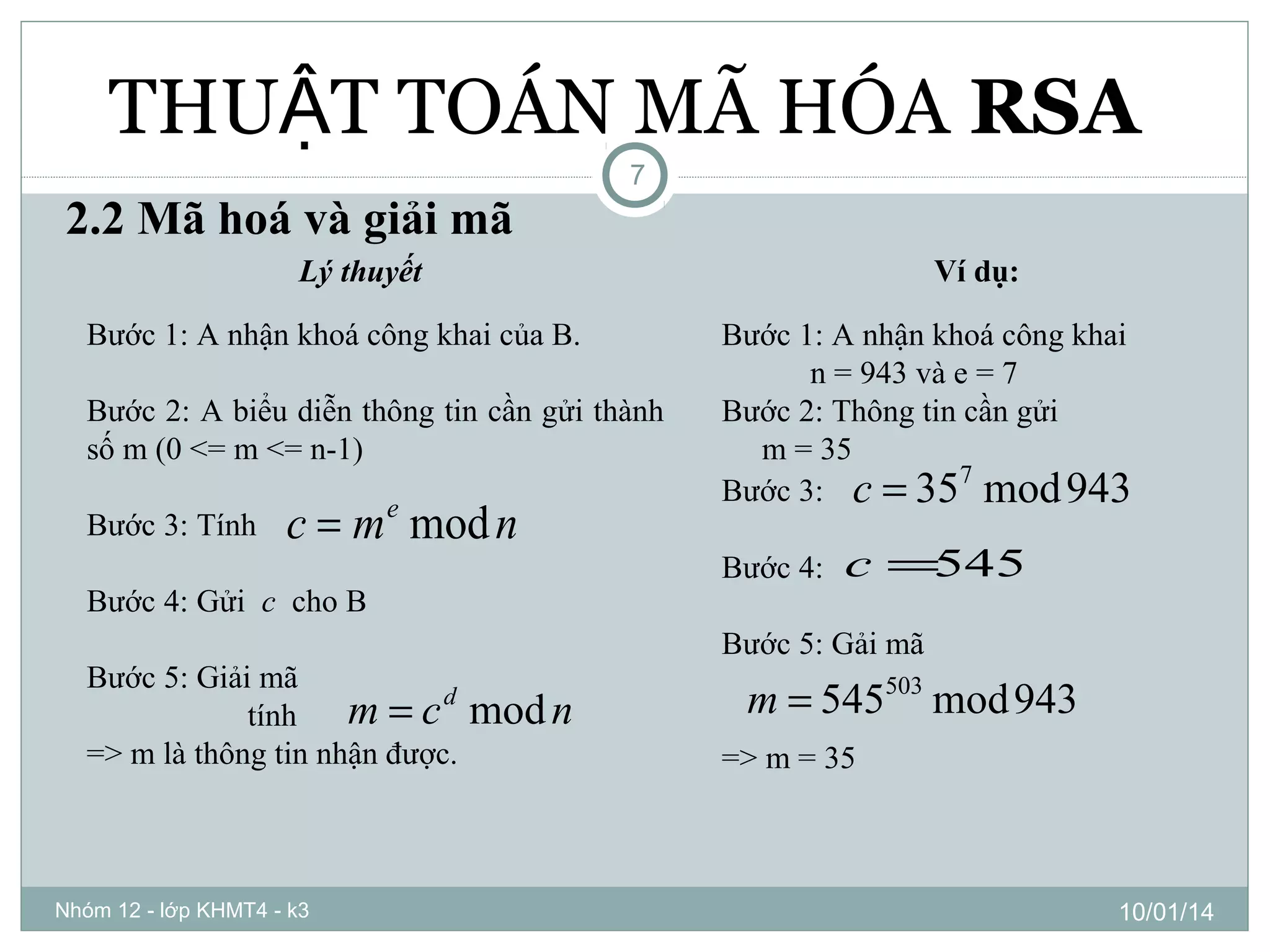 Thuật toán mã hóa rsa | PPT