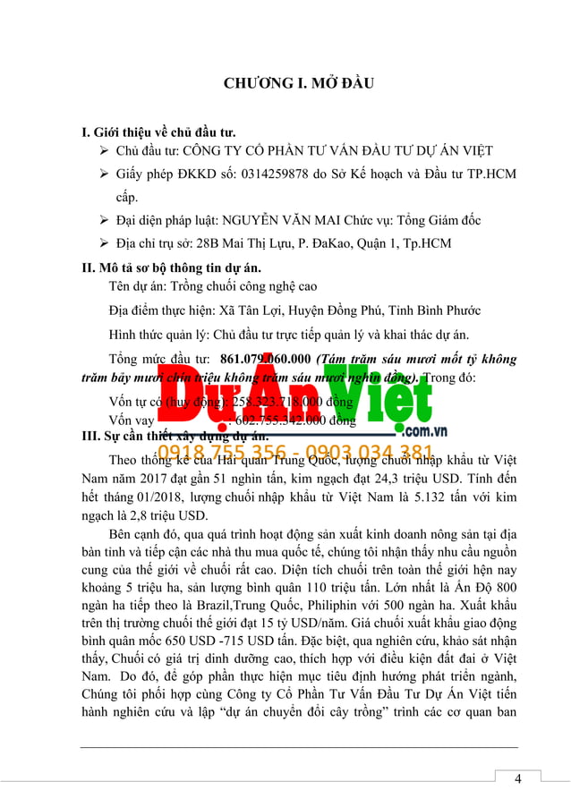 Thuyết minh dự án đầu tư Trồng chuối Công nghệ cao 2000 ha tỉnh Bình Phước www.duanviet.com.vn ...
