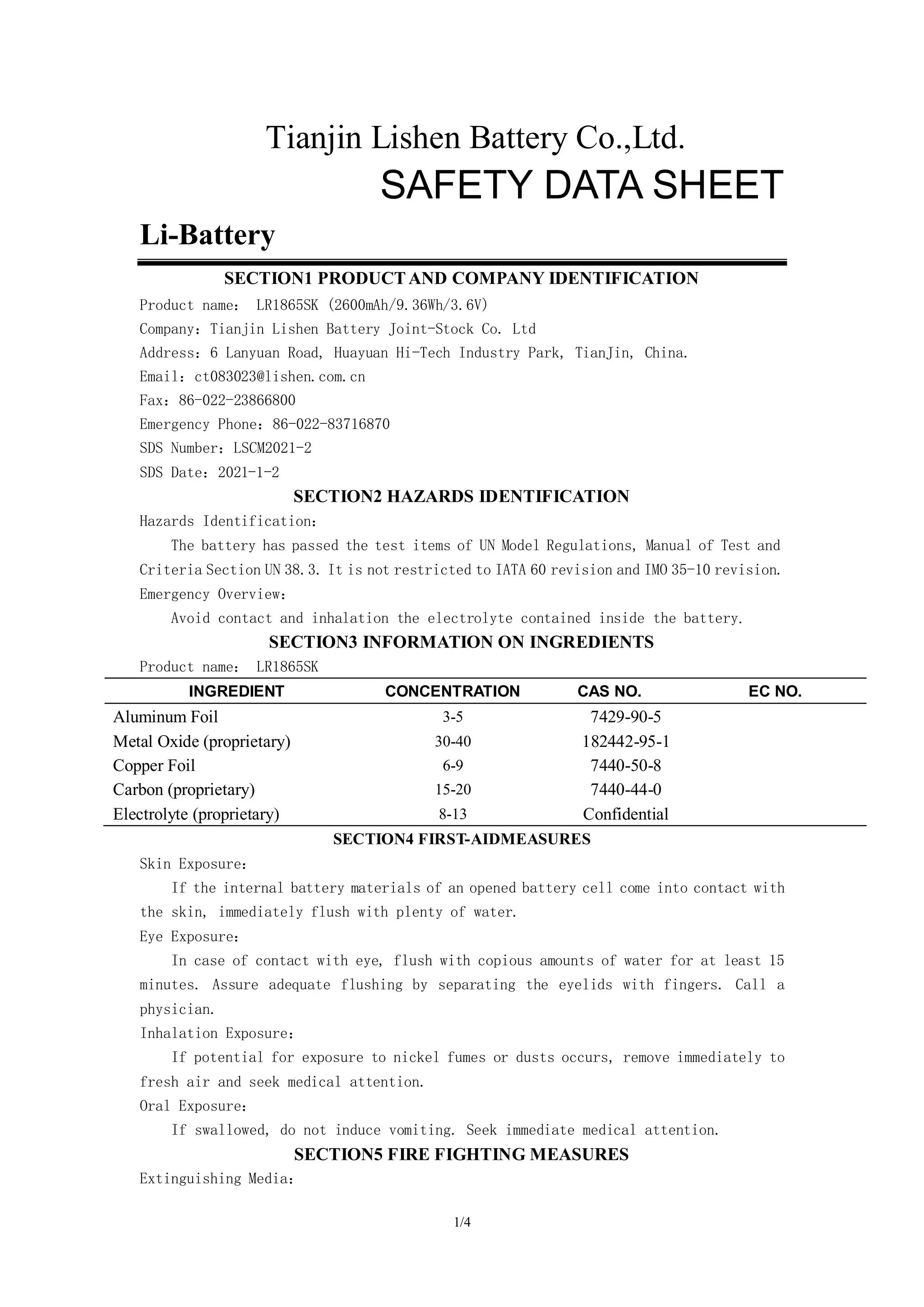 Tianjin Lishen Lithium Battery MSDS-Minimate Pro.pdf | First Aid | Injuries
