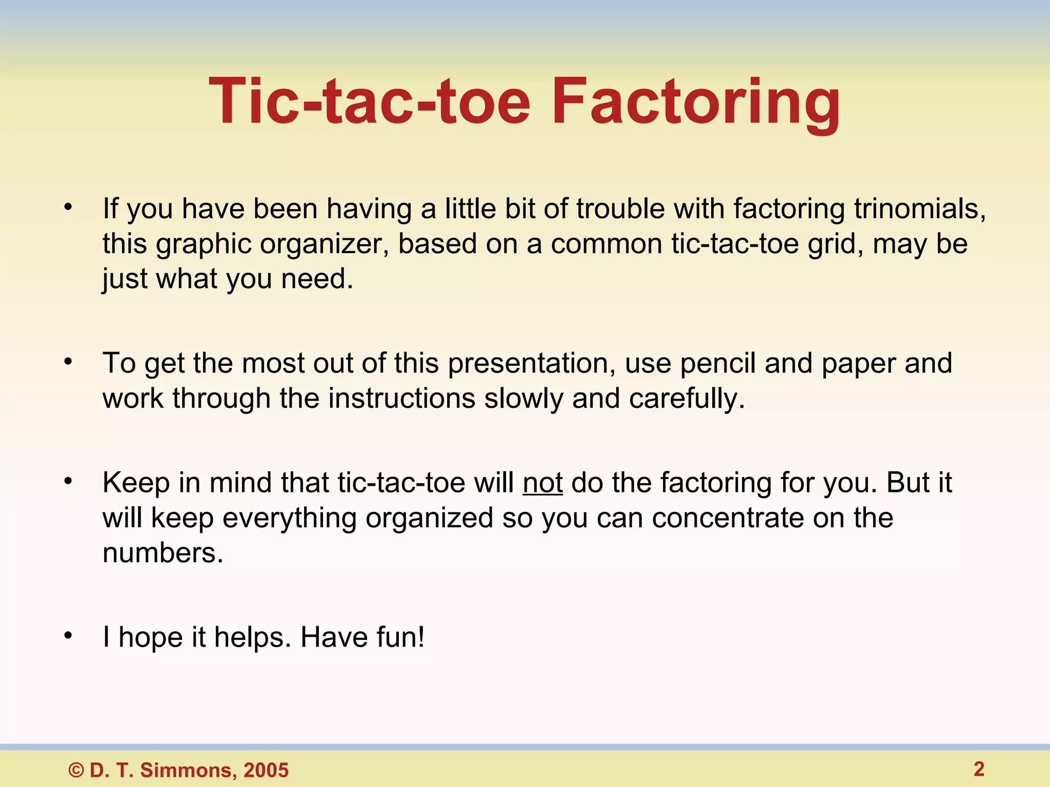 Tic Tac Toe Factoring | PPT