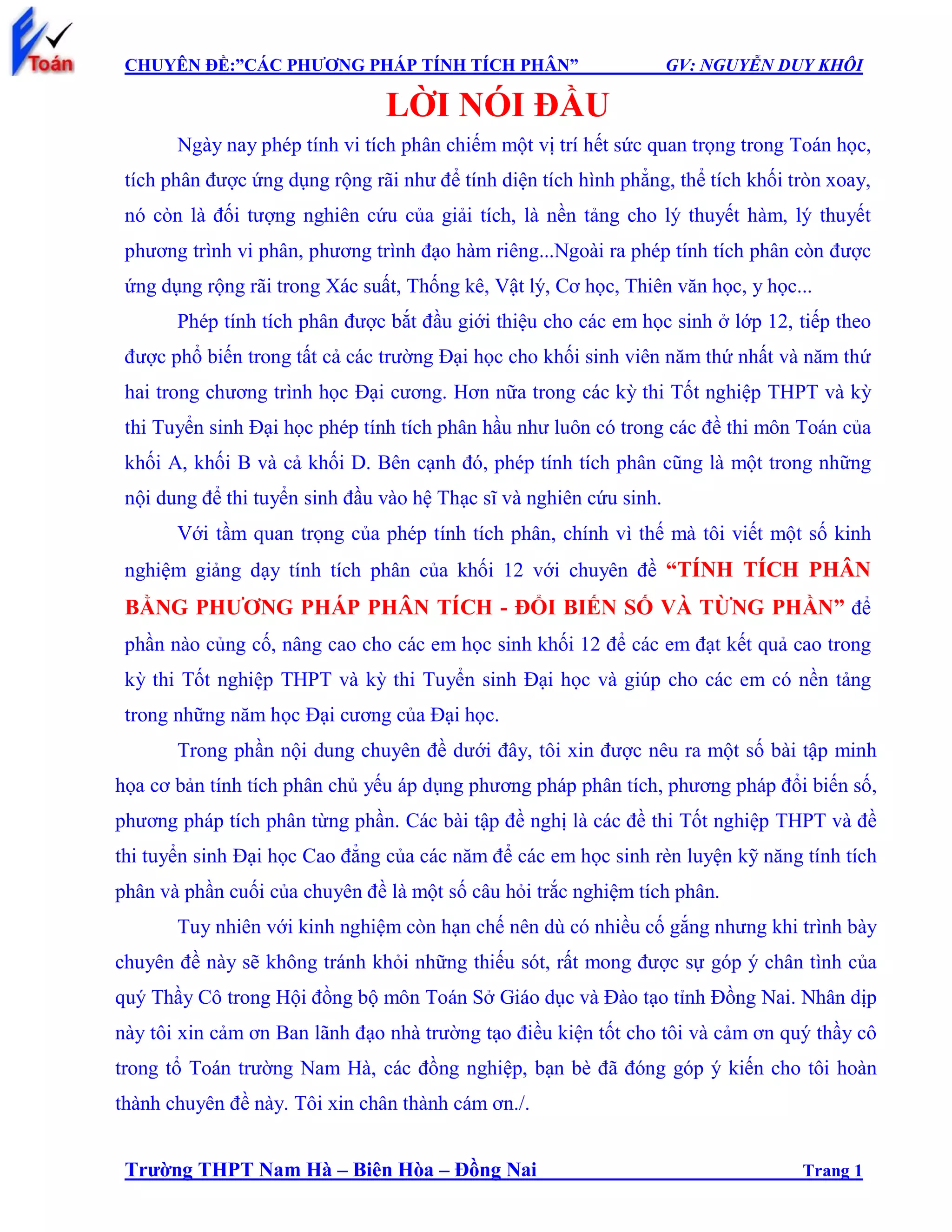 Tich phan (nguyen duy khoi) | PDF