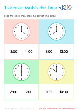 Tick Tock Match the time - Kindergarten Math Worksheets | PDF