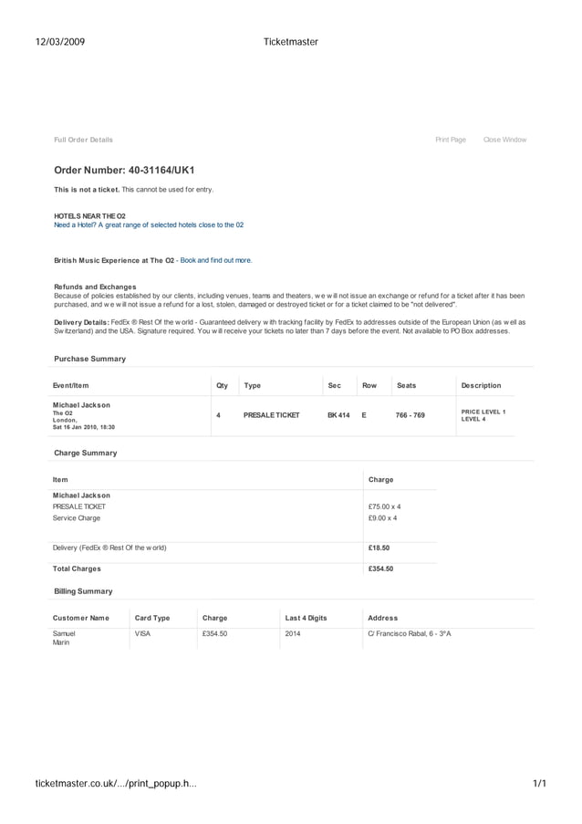 Ticketmaster order number | PDF