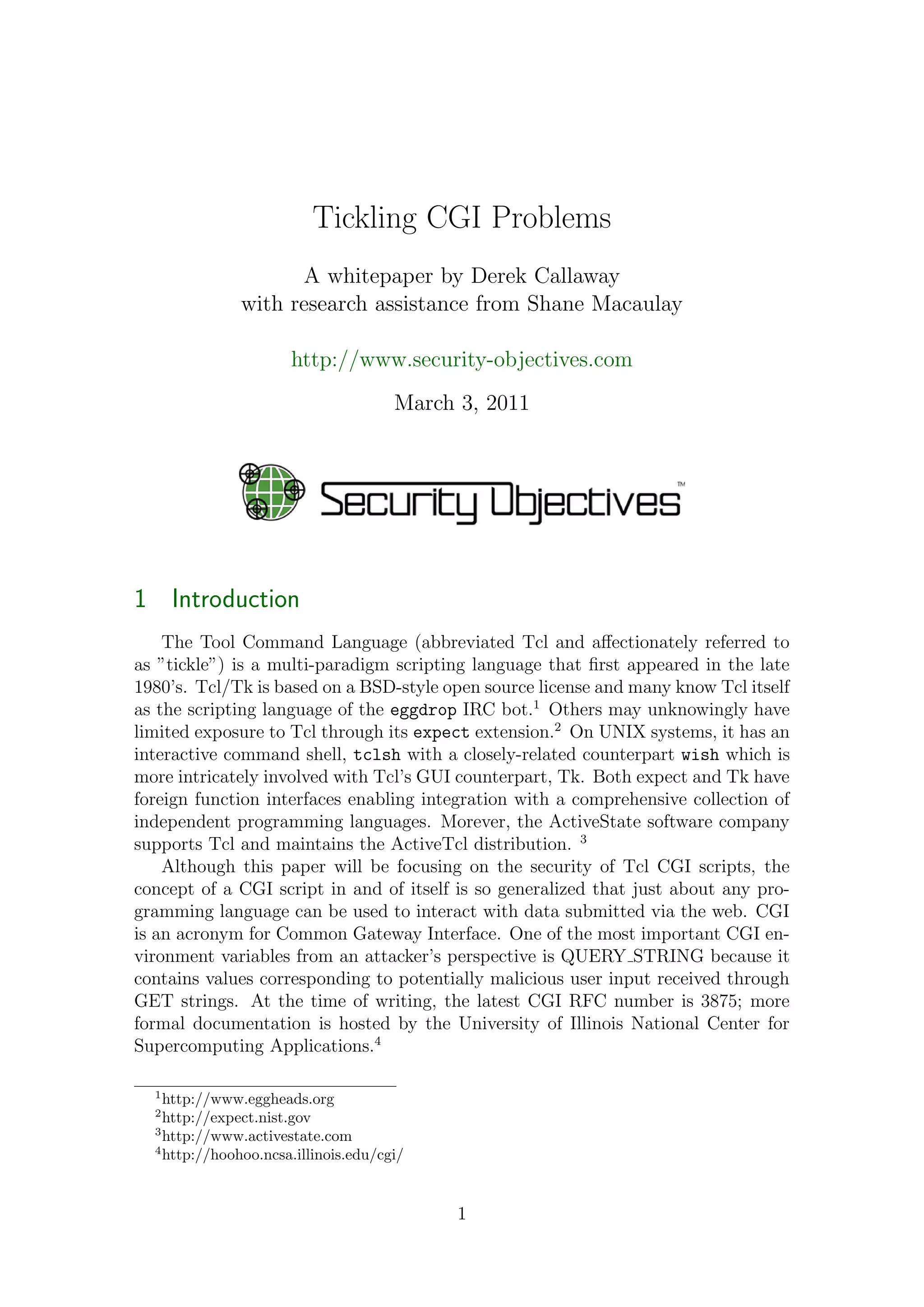 Tickling CGI Problems (Tcl Web Server Scripting Vulnerability Research) | PDF