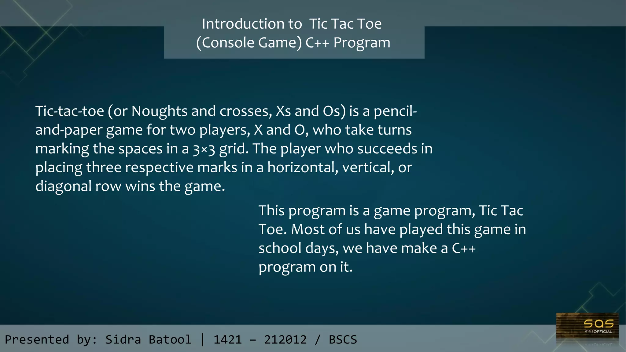 Tic Tac Toe C Project Presentation Ppt Programming Languages Computing 0028