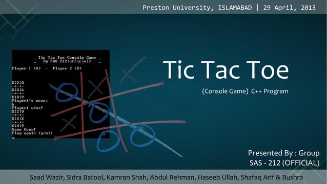 Tic tac toe c++ project presentation | PPT | Programming Languages | Computing