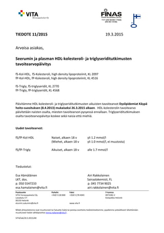 Tiedote 11 seerumin ja plasman hdl kolesteroli- ja triglyseriditutkimusten tavoitearvopäivitys | PDF