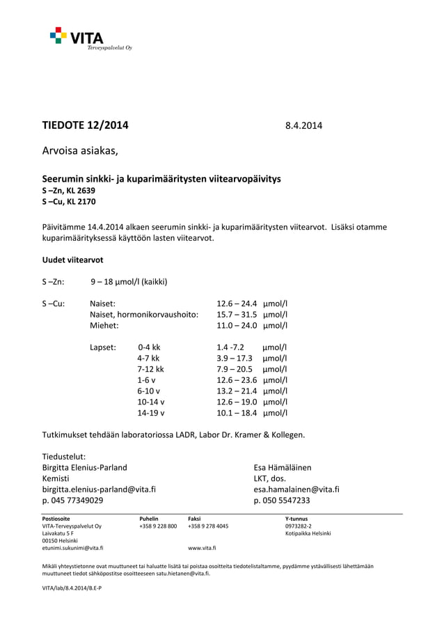 Tiedote 12 uudet viitearvot sinkki ja kupari | PDF