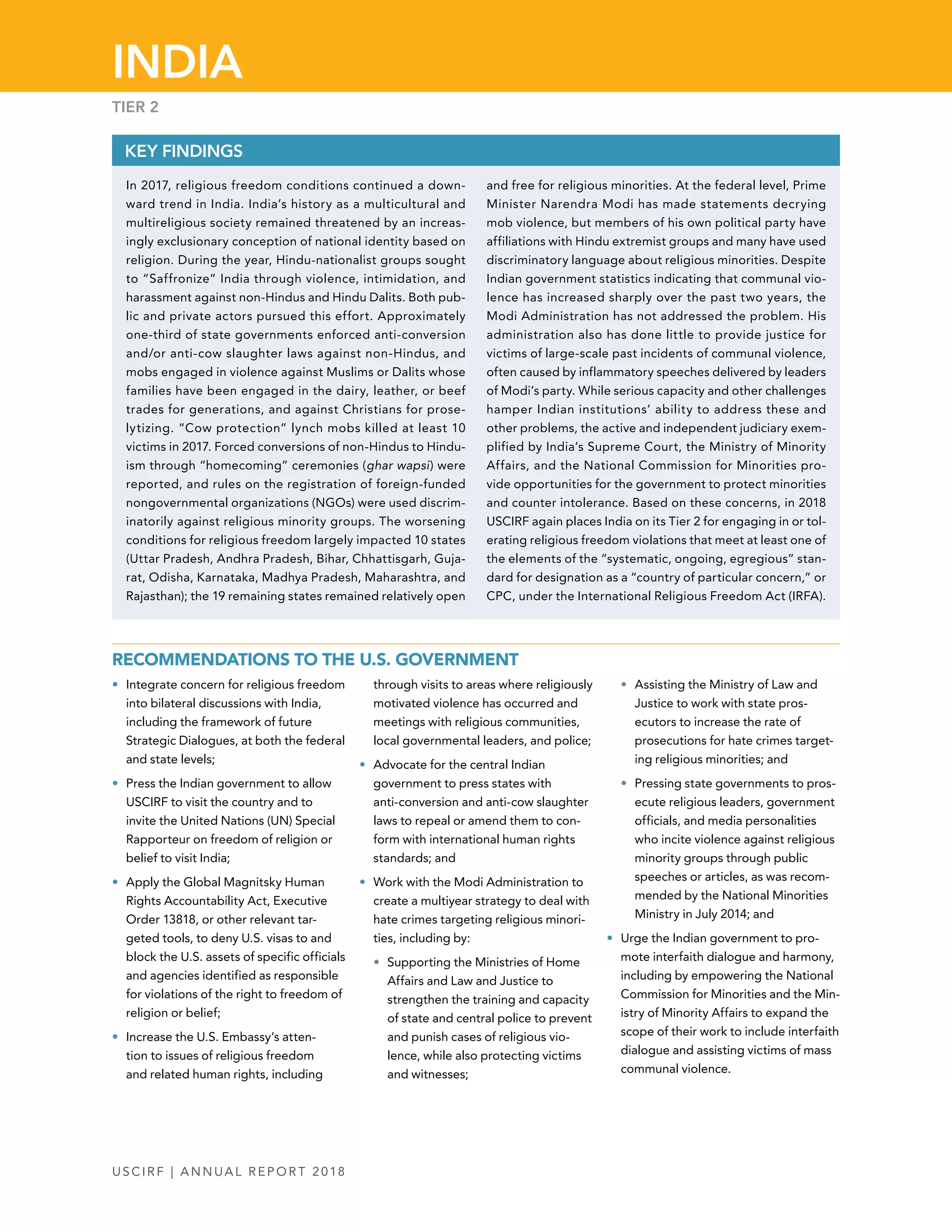 USCIRF | ANNUAL REPORT 2018 (Indian Chapter) | PDF