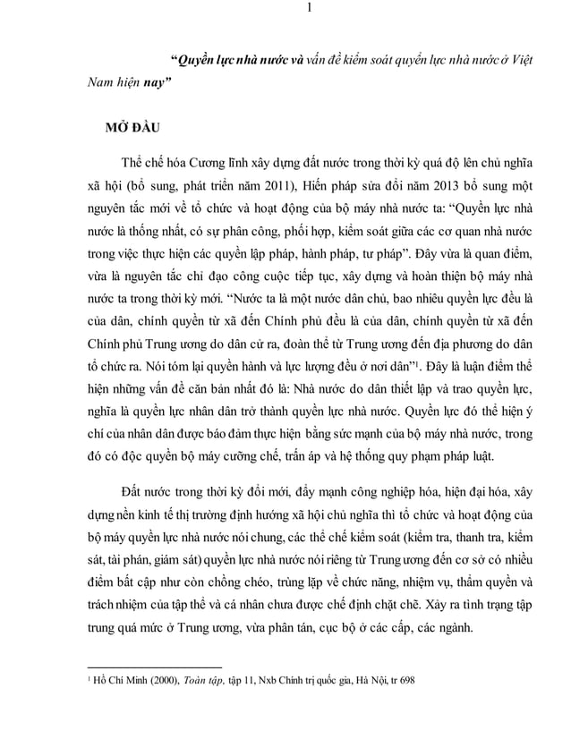 Tiểu luận Quyền lực nhà nước và vấn đề kiểm soát quyển lực nhà nước ở Việt Nam hiện nay | DOC